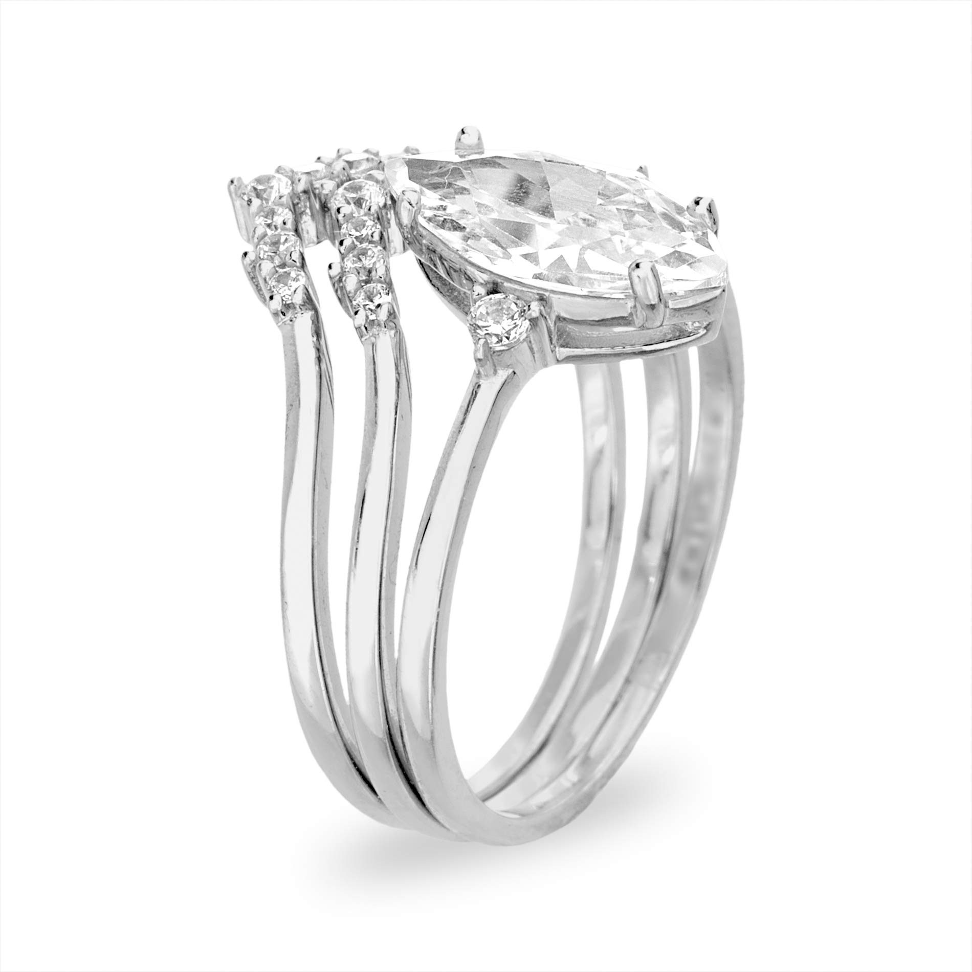 TwoBirch 925 Silver Marquise Three Ring Bridal Set with Three Stone Marquise Engagement Ring and Two Matching Chevron Contour Bands (925 Silver, Size 8)