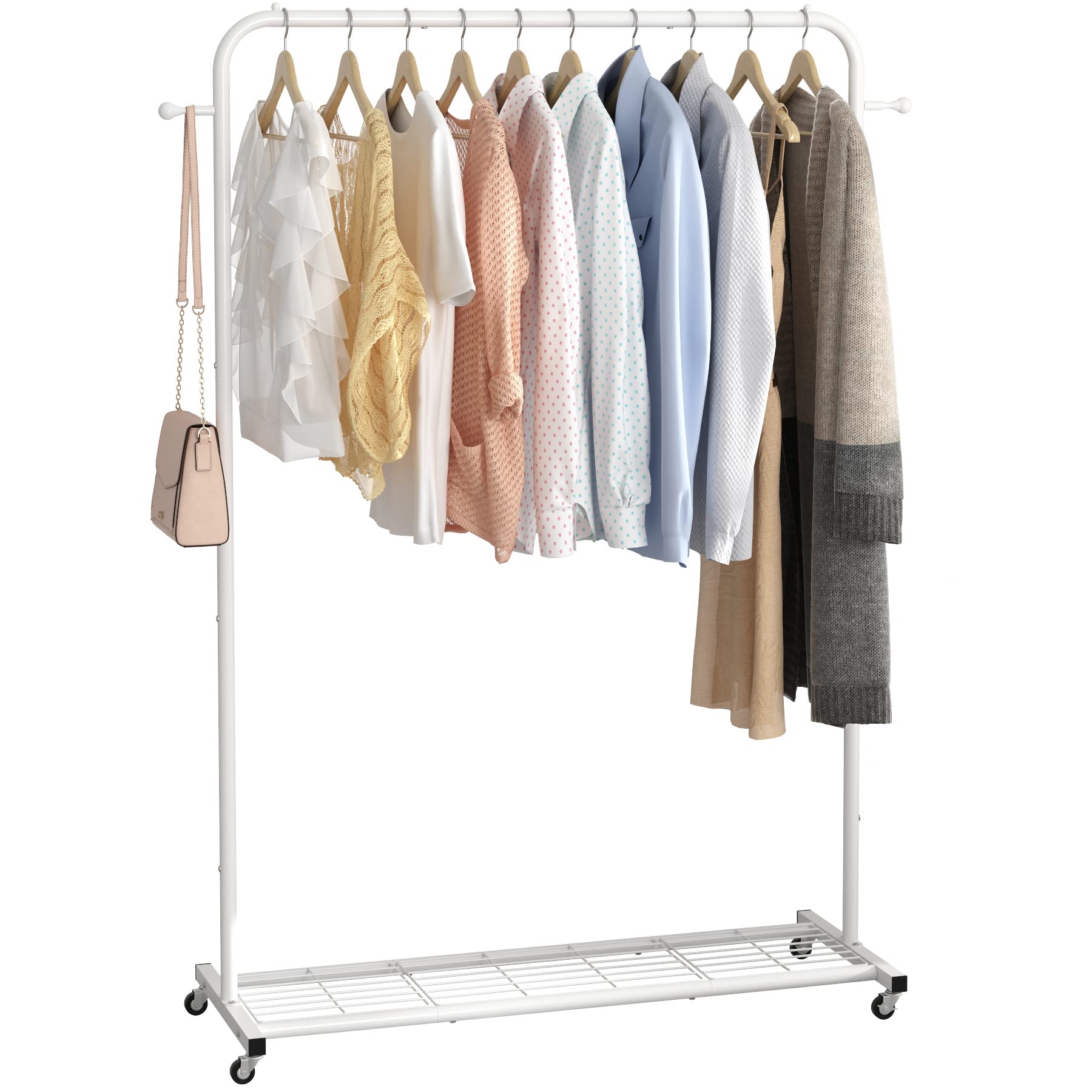Sywhitta Clothes Rack on wheels, Clothing Rack with Bottom Mesh Storage Shelf,Sturdy Metal Frame,Rolling Garment Rack for Hanging Clothes,Coats,Skirts,39.76" L x 16" W x 64.56" H,White