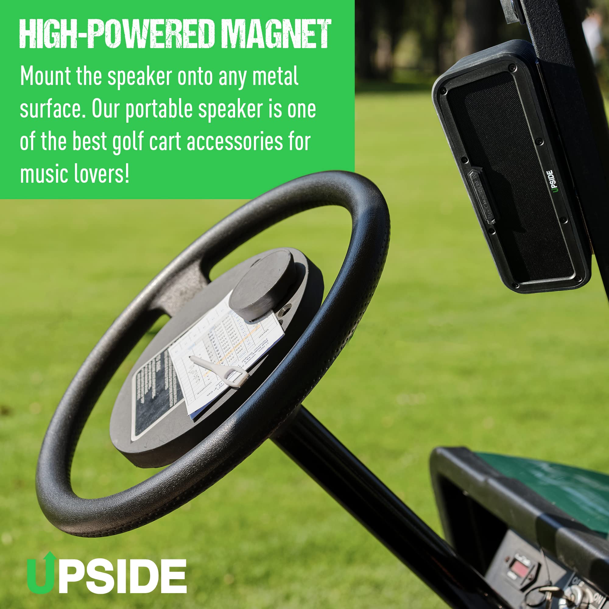 Upside Golf X7 Magnetic Bluetooth Golf Cart Speaker, 200+ Foot Range, 15W, Portable, Waterproof, with 15 HR Rechargeable Battery