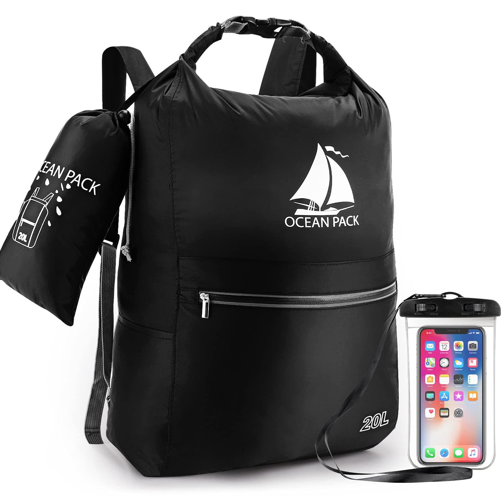 UTOKIER Waterproof Dry Bag, 20L Compact Floating Backpack, Roll Top Dry Sack with Waterproof Phone Case for Kayaking, Beach, Rafting, Boating, Hiking, Camping and Fishing