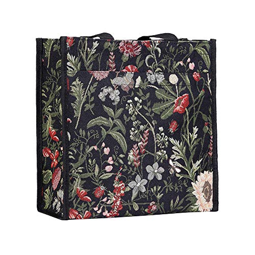 Signare Black Floral Shoulder Tote Shopping Bag with Sunflower Poppy Dragonfly Butterfly (SHOP-MGDBK)