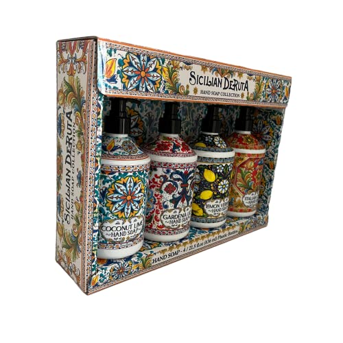 Sicilian Deruta | Hand Soap Collection | 4 x 21.5 fl.oz Plastic Bottles | Italian Citrus | Lemon Verbena | Gardenia Lily | Coconut Lime