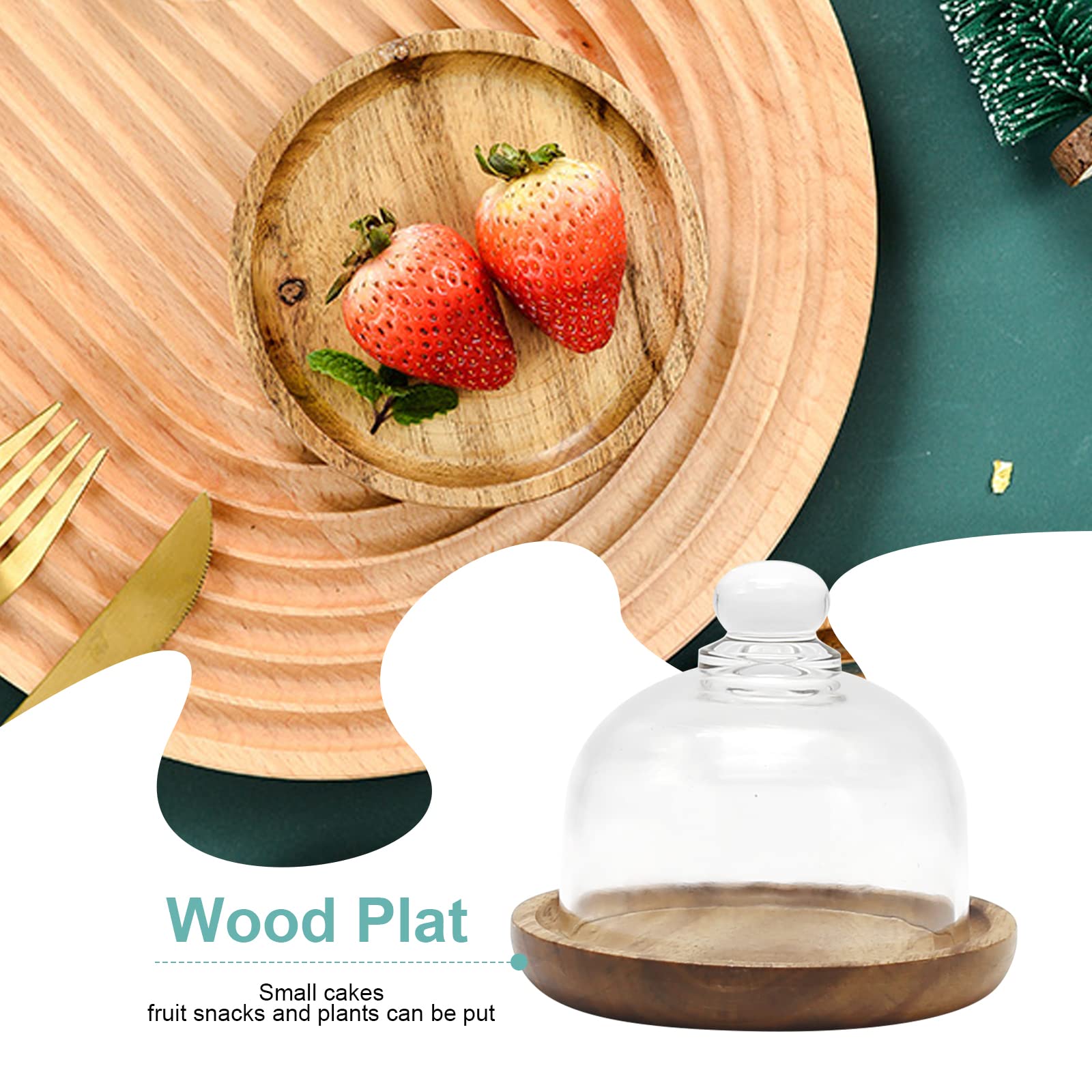 UOIENRT Dessert Cake Cover Display with Base, Acaciawood Flat Round Wooden Cake and Dessert Server, Cake Stand with Glass Bell Dome