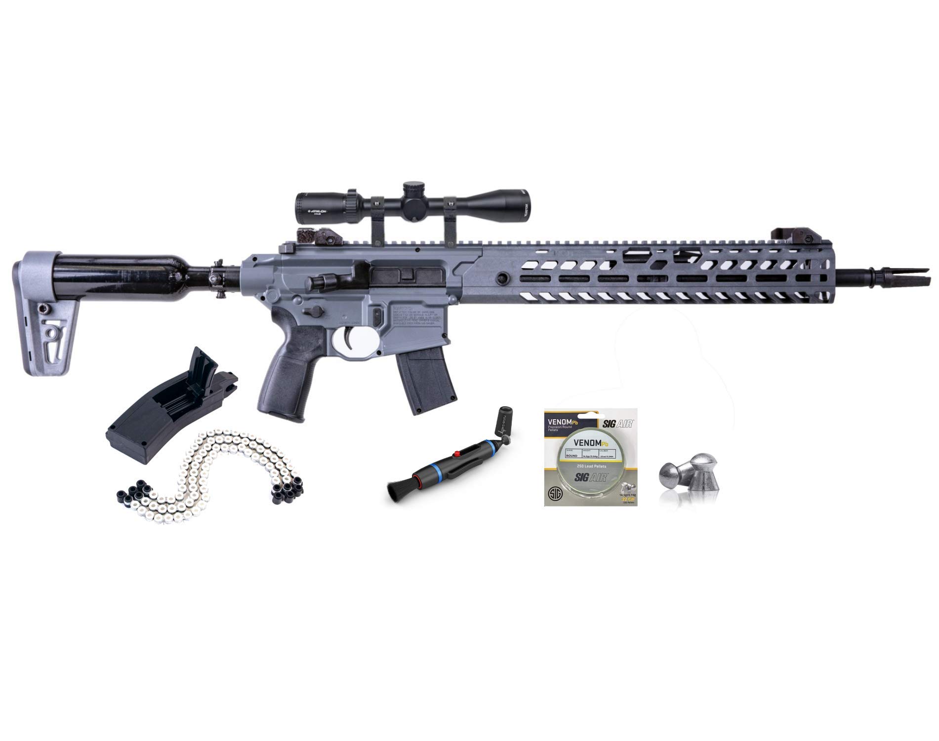 Sig Sauer Virtus .22 Cal PCP Air Rifle with 3-9x40 Riflescope w/Rings Set, Spare Mag (w/3belts), Lens Cleaning Pen and .22 x250 Pellets Bundle
