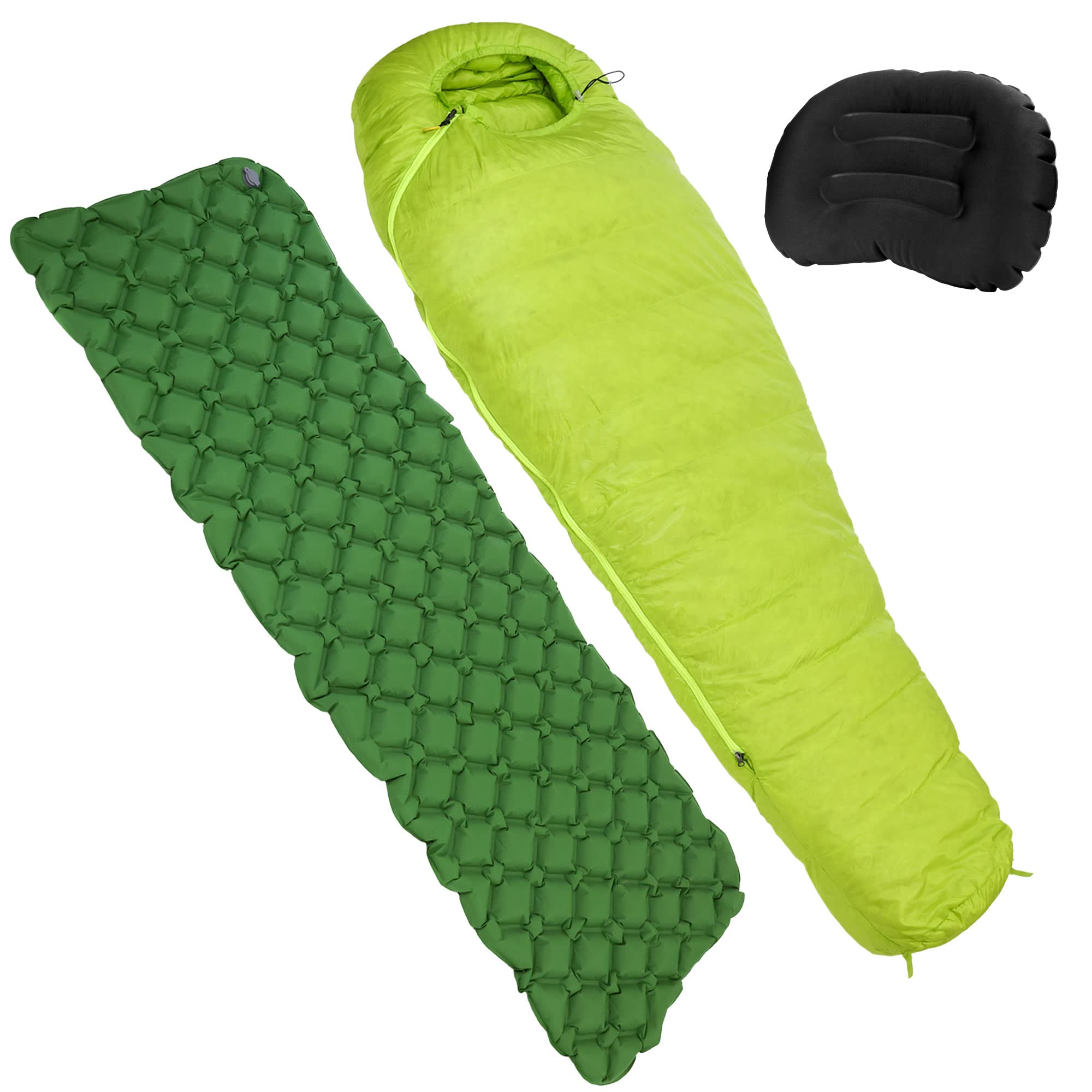 Terruva RDS Sleeping Bag Pillow Kit - 0 Degree Sleeping Bag with Pillow Set - Outdoor Indoor Sleeping Bag with Pillow - Mummy Adult Sleeping Bags - Camping Sleeping Pad Stuff Sacks & Dry Bag Green