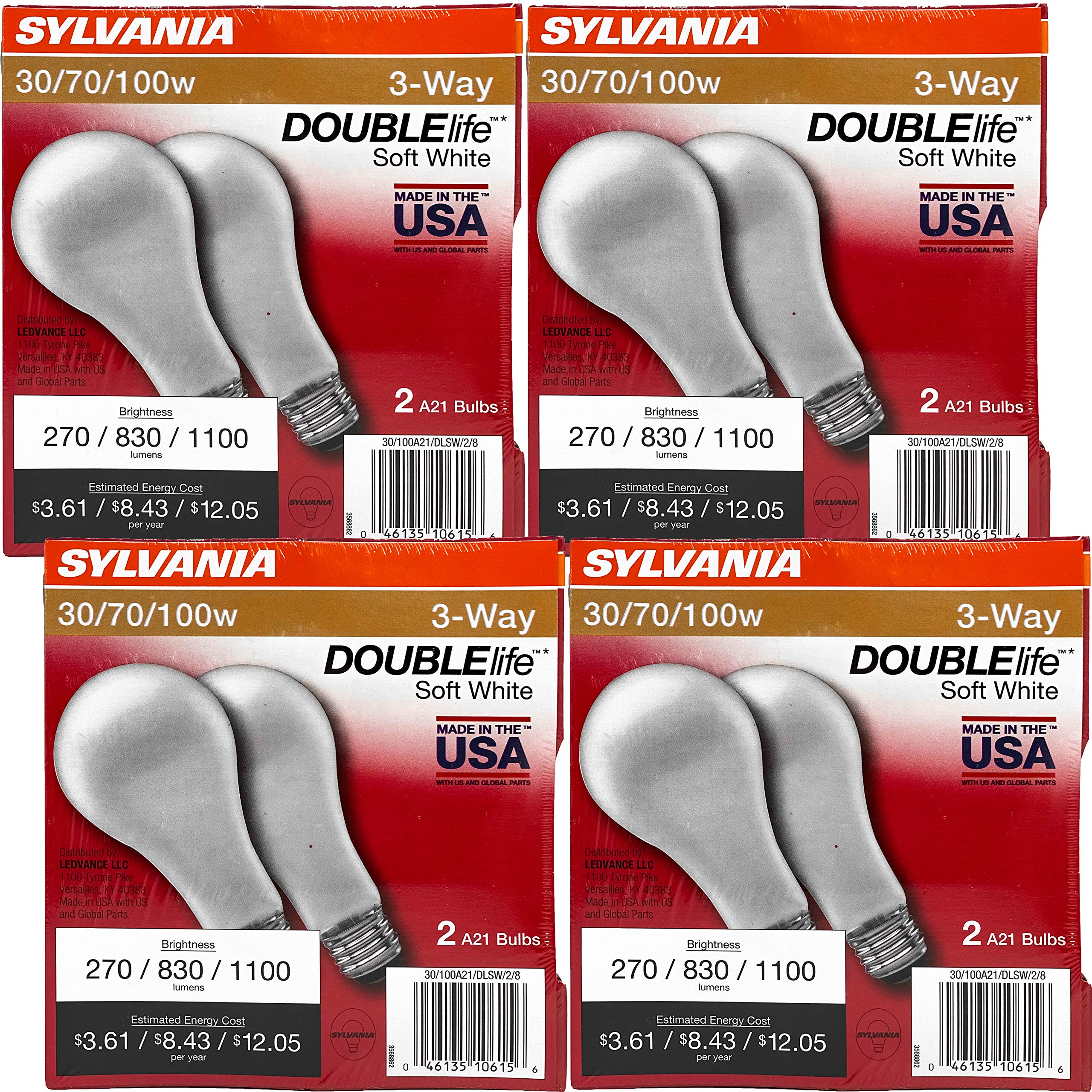 Sylvania Home Lighting 3-Way Bulb, A21-30W/70W/100W-2850K, Double Life, Soft White Finish, Medium Base, 8 Bulbs