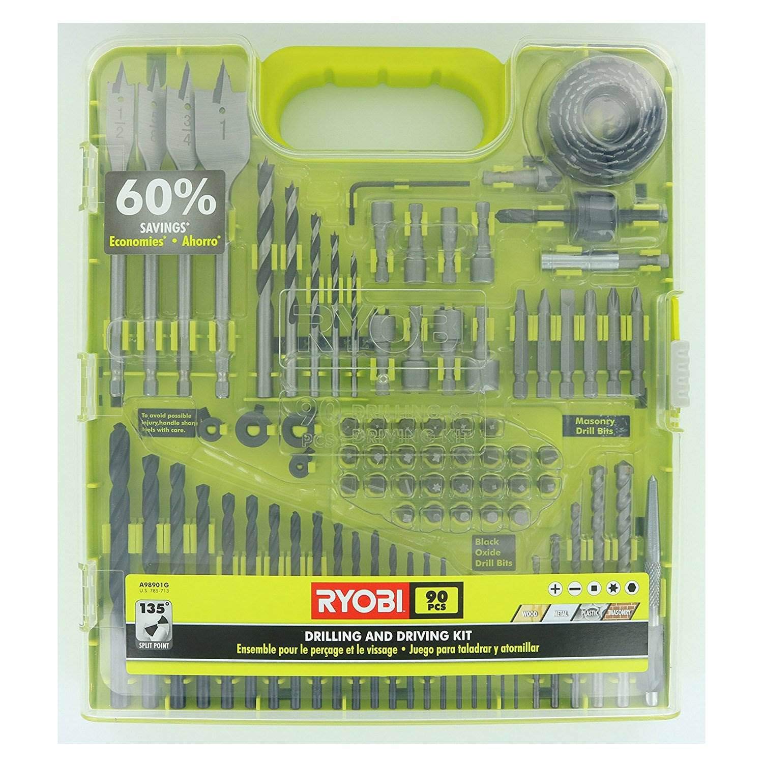 Ryobi A98901G 90 Piece Drilling Driving Kit Wood Metal Plastic Masonry