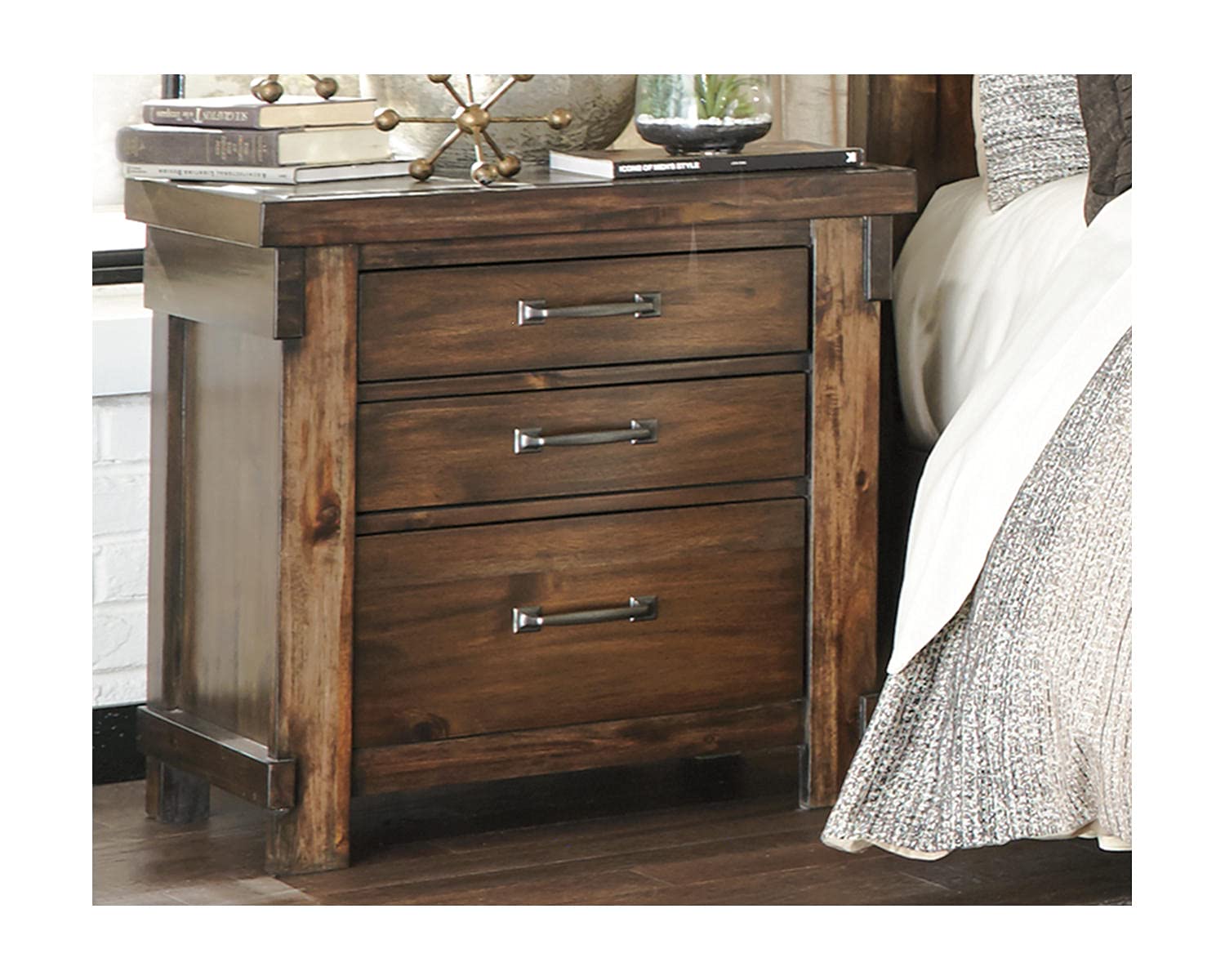 Signature Design by Ashley Lakeleigh Rustic Industrial 3 Drawer Nightstand with 2 Electrical Outlets, 2 USB Charging Stations, Dark Brown Wood Tone
