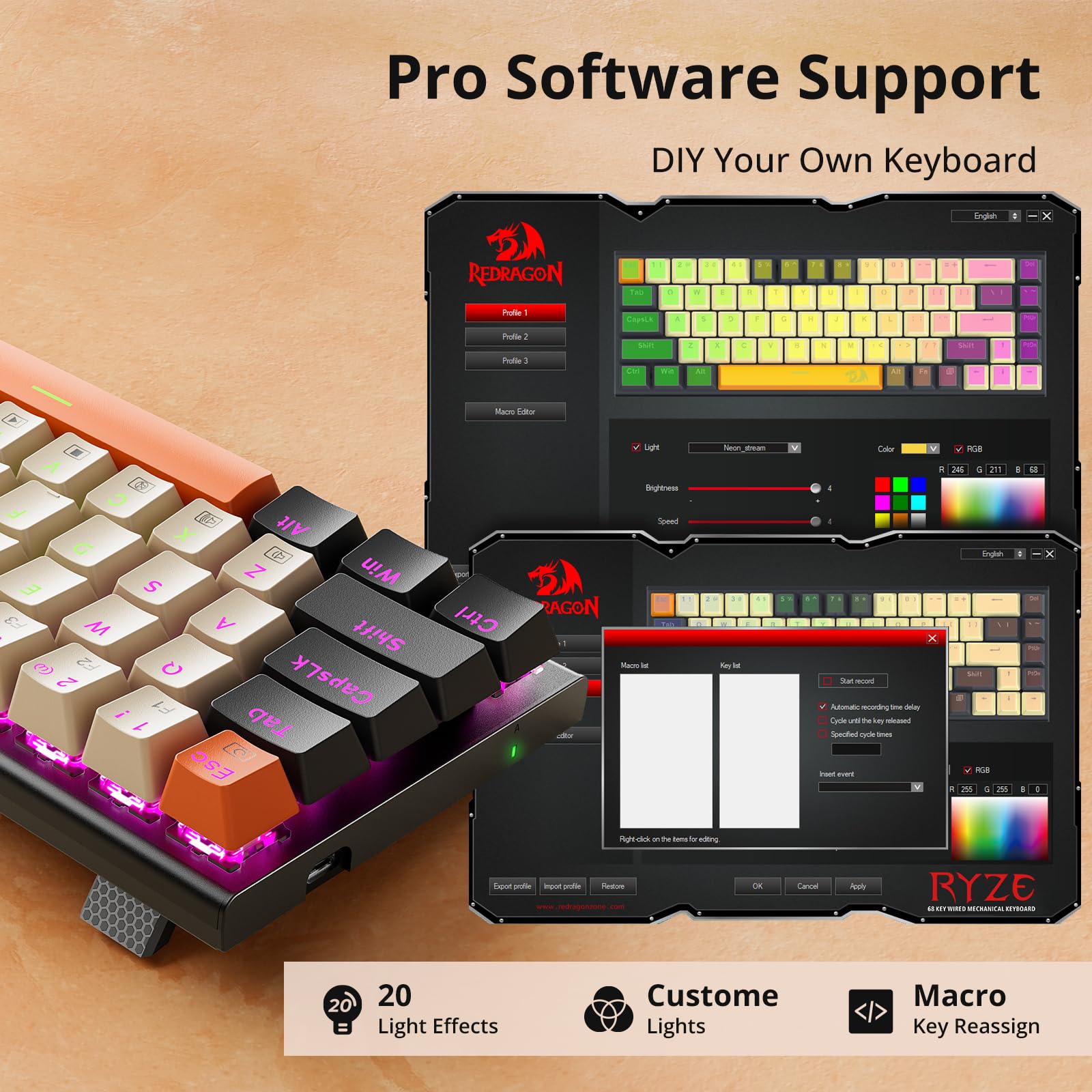 Redragon 60% Mechanical Gaming Keyboard, 68 Keys Wired Office RGB Keyboard with Arrow Keys, Programmable Macro, Red Switches for Windows Mac PC Laptop, Black/Beige/Orange