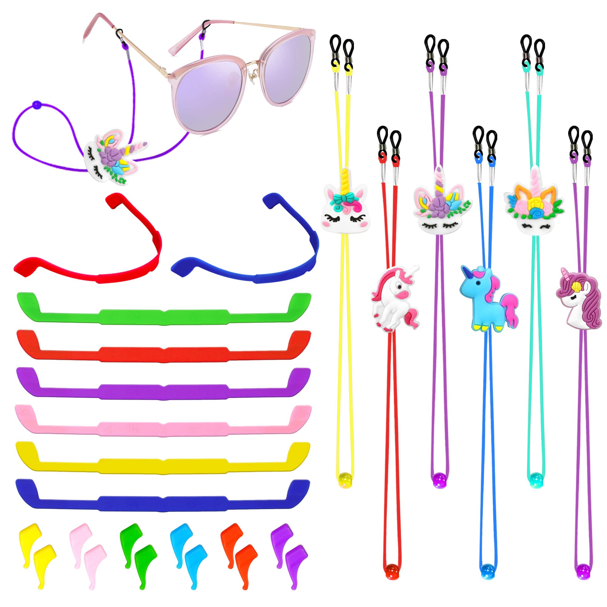 SKYCOOOOL 24 PCS Kids Glasses Strap Rainbow Unicorn Adjuster Anti-slip Silicone Eyeglass Straps Glasses Retainer Cute Decorations For Girls
