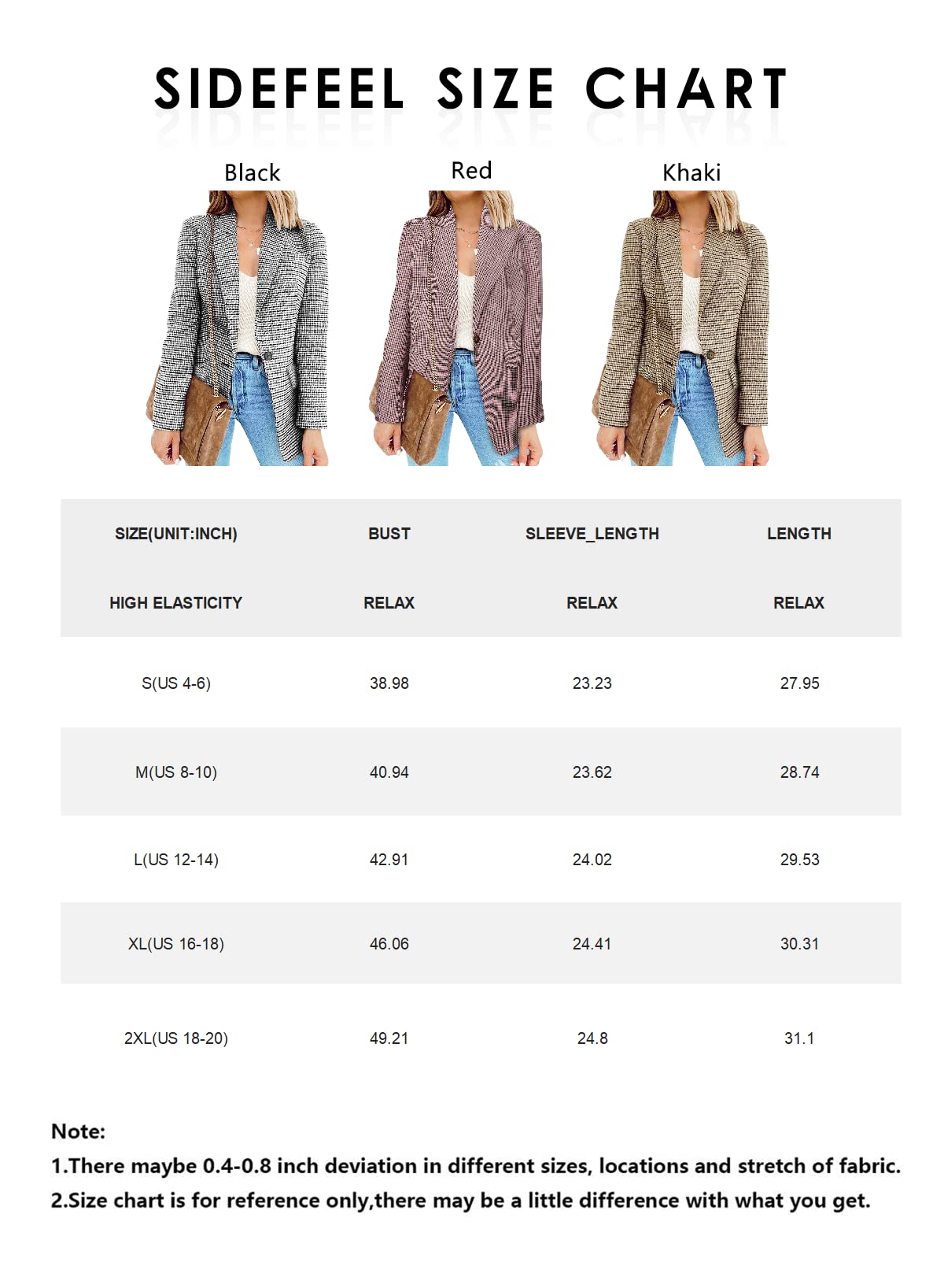 Sidefeel Women Plaid Print Outwear Work Office Suit Jacket Casual Blazers Coat 2XL Khaki