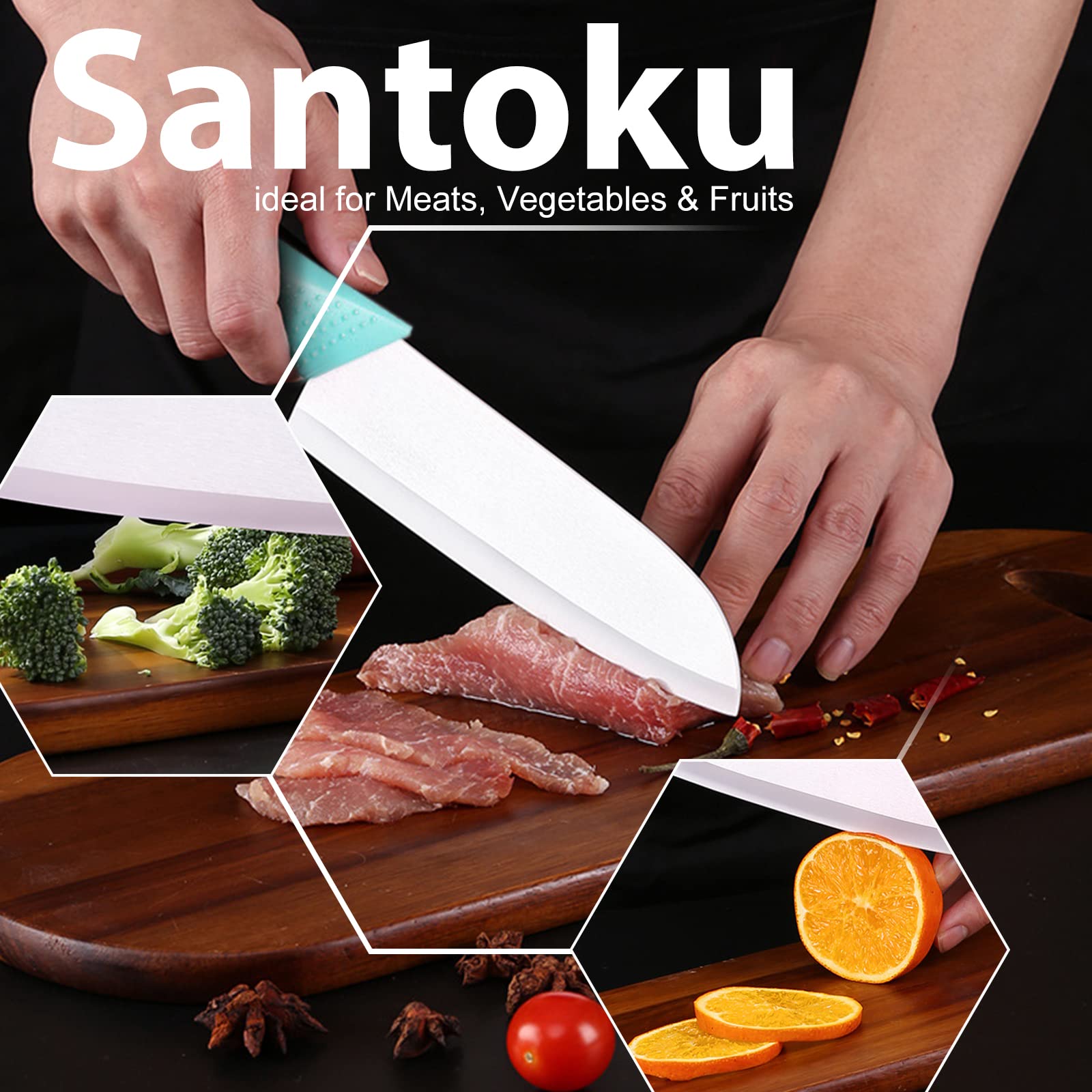 Rynal Ceramic Knife Santoku Knife Meats Fruits Vegetables Knife - Sharp Ceramic Kitchen Knife with Sheath Cover - 7 Inch Aqua