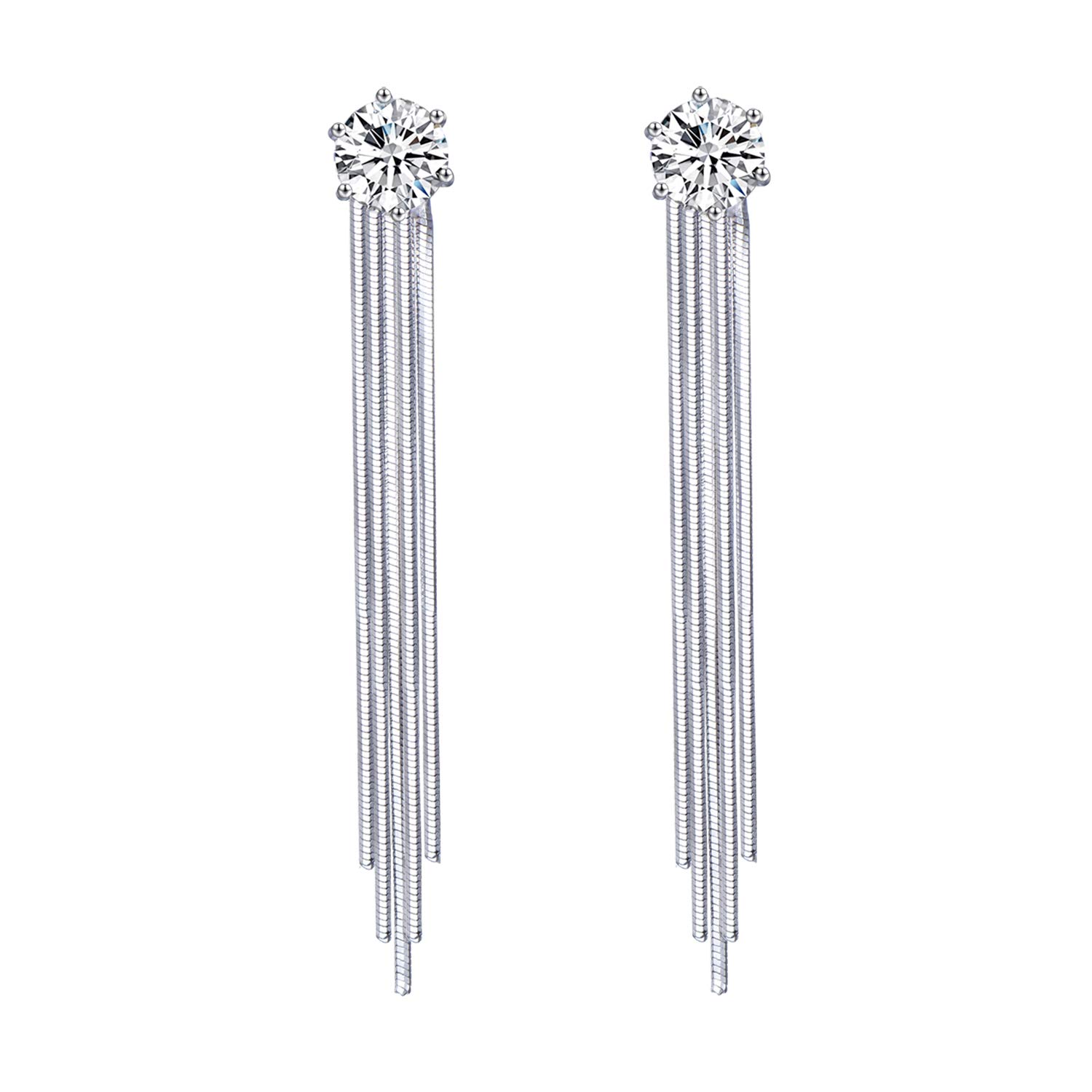 YOQUCOL 7MM Bright Cubic Zirconia Crystal Tassel Dangle Clip On Long Drop Non Pierced Wedding Earrings For Women