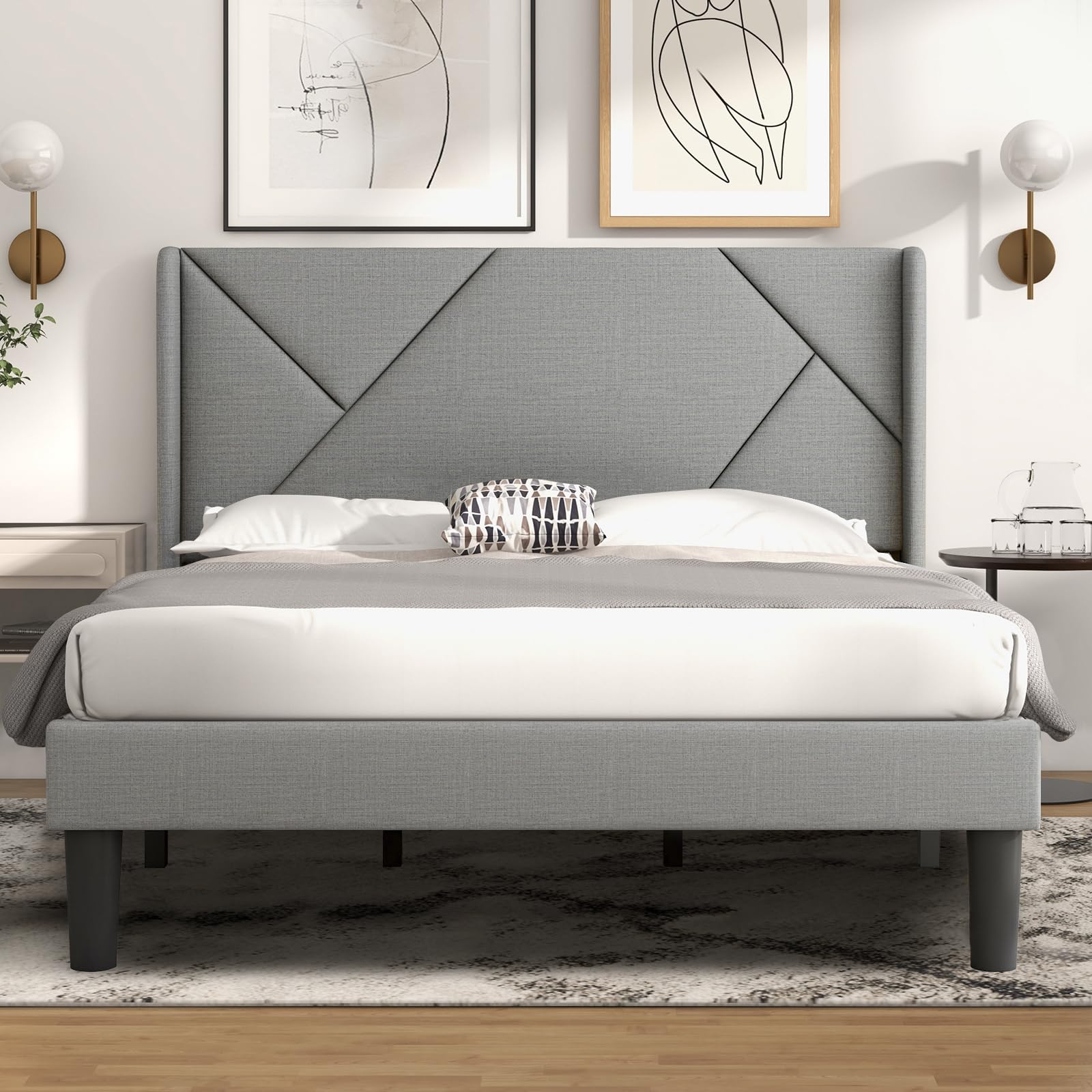 SWISH WEAVERS King Size Platform Bed Frame with Headboard, Upholstered Bed Frame with Wingback, No Box Spring Needed, Easy Assembly Solid Wooden Slats, Noise-Free, Light Gray