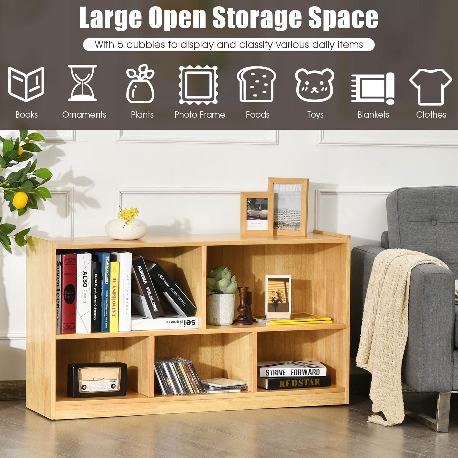 Tangkula 5 Cube Bookcase, 2 Tier Wooden Storage Open Bookshelf, Multipurpose Display Storage Cabinet for Living Room, Bedroom, Hallway, Kid's Playroom, Reading Nook (Yellow)