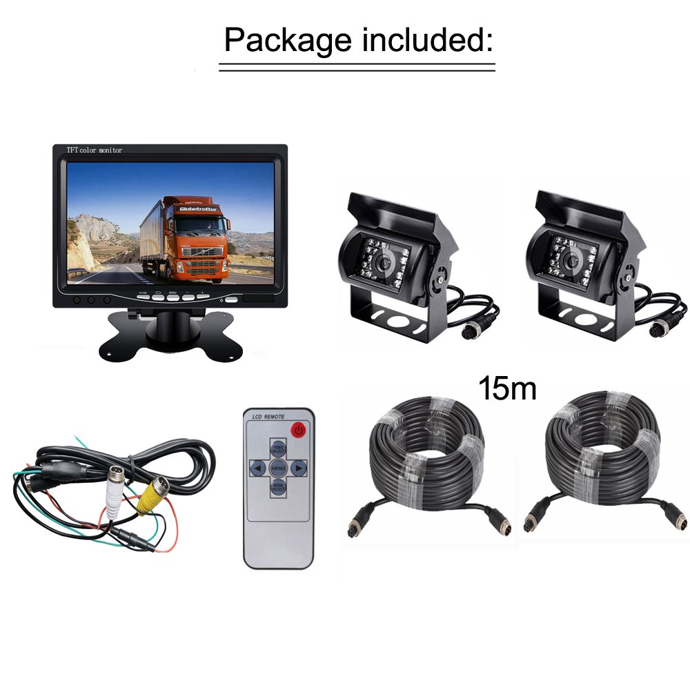 Vehicle Backup Camera and 7 inch Screen Monitor System 12V/24V,2 x IR Night Vision Car Reverse Rear View Mirror Camera Kit with 4 Pin 15m 20m Cable for RV Bus Semi Truck Trailer 5th Camper