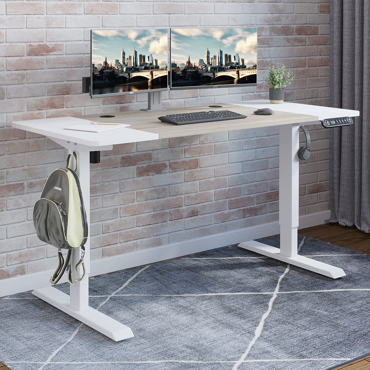 Radlove Electric Height Adjustable Standing Desk, 55 x 24 Inches Stand Up Workstation, Splice Board Home Office Computer Table Ergonomic (White Frame + 55" White+Maple Top)