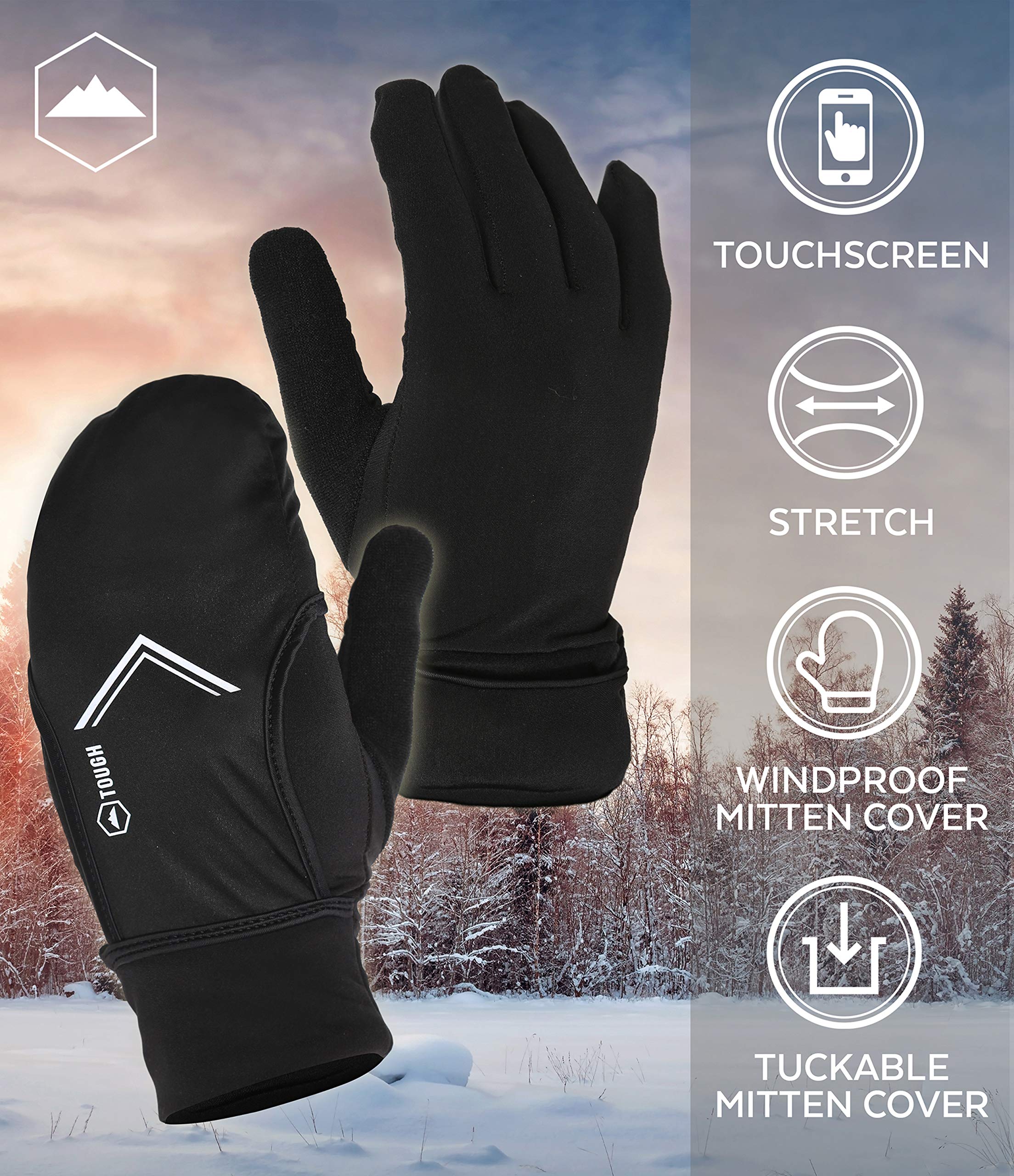 Tough Outdoors Running Mitten Gloves with Touch Screen - Winter Glove Liners with Convertible Mittens Cover for Texting