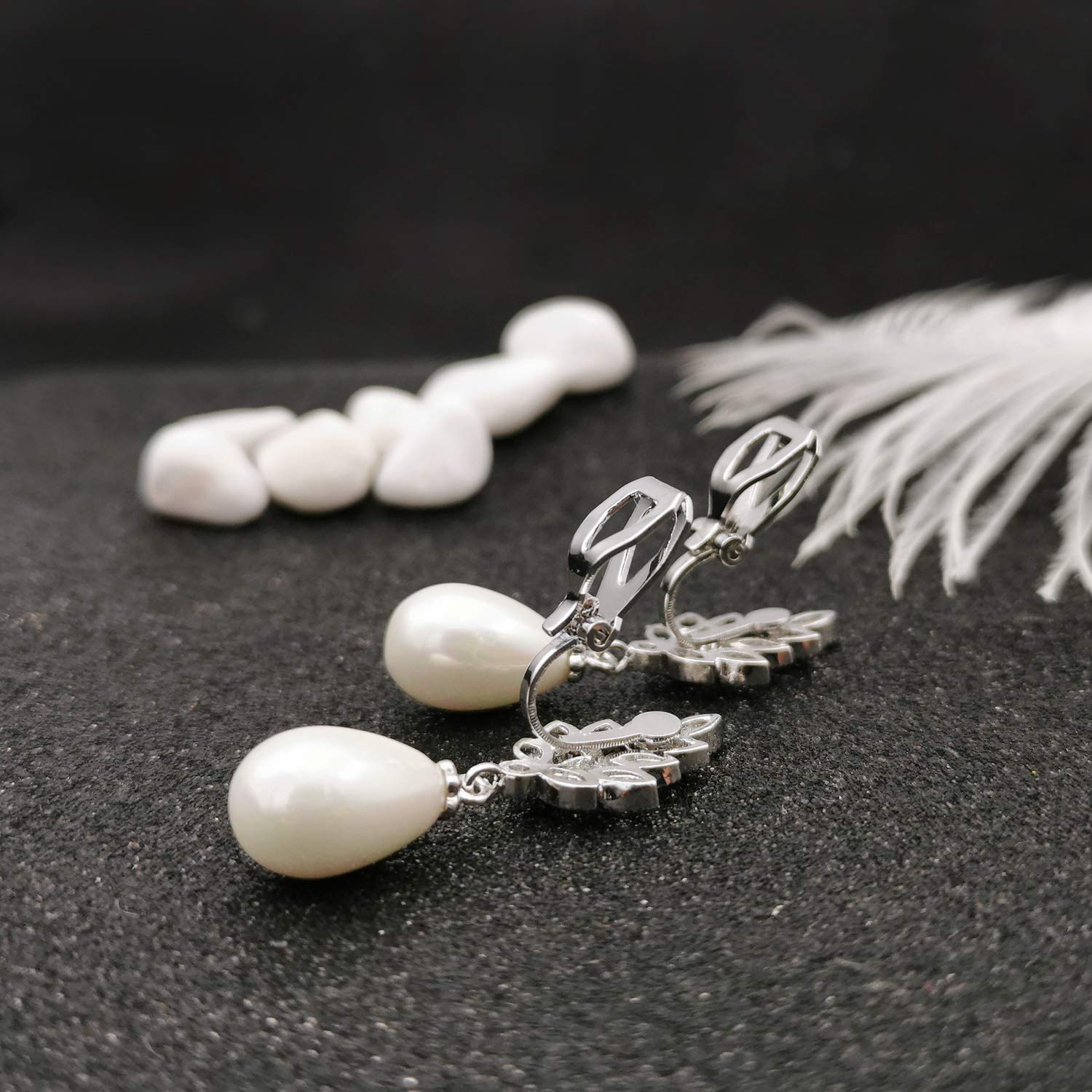 YOQUCOL Leaf-shape Dangle Drop Clip On Earring Zirconia Crystal Simulated Pearl NonPierced Earrings For Women