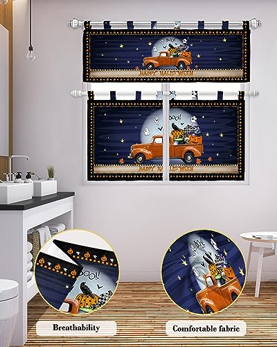 Tab Top Curtain Valance and Tiers Set,Halloween Truck Pumpkin Ghost Face Plaid Black Light Filtering Kitchen Curtains Valances,Crow Skull Bat Maple Leaf Cafe Window Treatment Drapes for Bedroom
