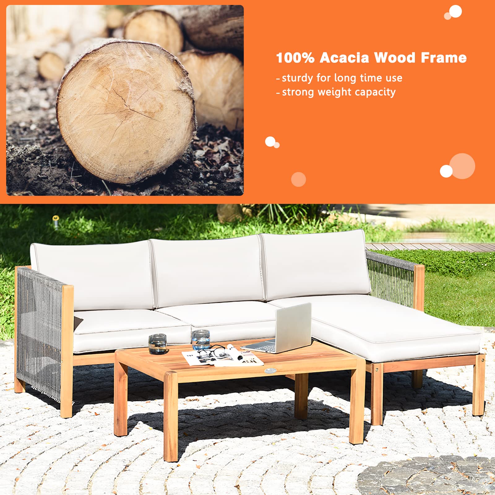 Tangkula L Shape Outdoor Furniture Set, 3 Piece Acacia Wood Patio Conversation Set, with 2 loveseats and Coffee Table, Garden Backyard Poolside Patio Seating Set (White)