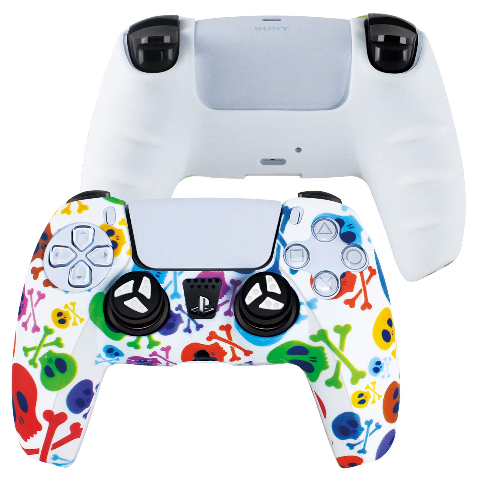 SIKEMAY Silicone Printing Cover Skin for PS5 Controller Grip, Protective Case for Playstation 5 Accessories with 10 Thumb Grip Caps(Colorful Skull)