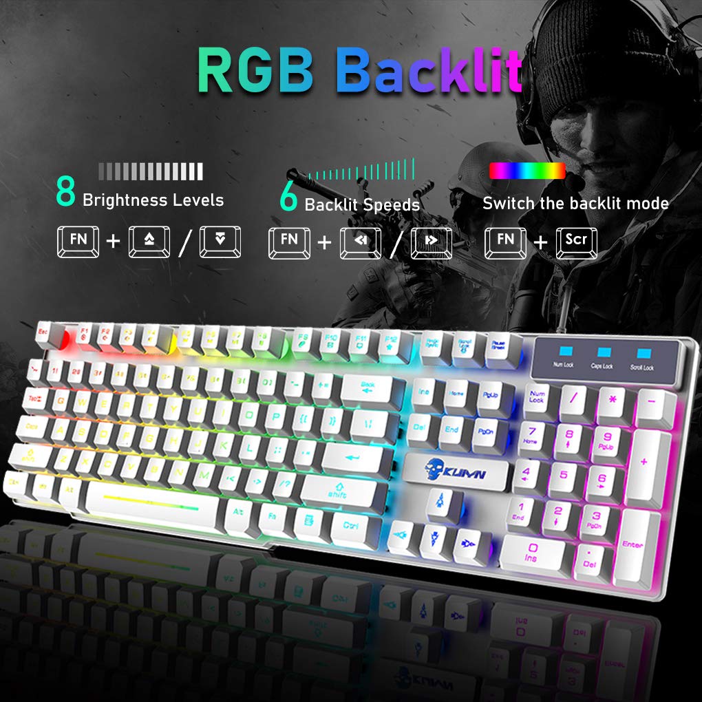 XINMENG 4-in-1 Gaming Keybaord Mouse Headset Combo,RGB Rainbow LED Backlight Gamer Keyboard and Crack Game Mouse Illuminate 3.5mm Stereo Camouflage Headphone for Laptop Computer PC Games