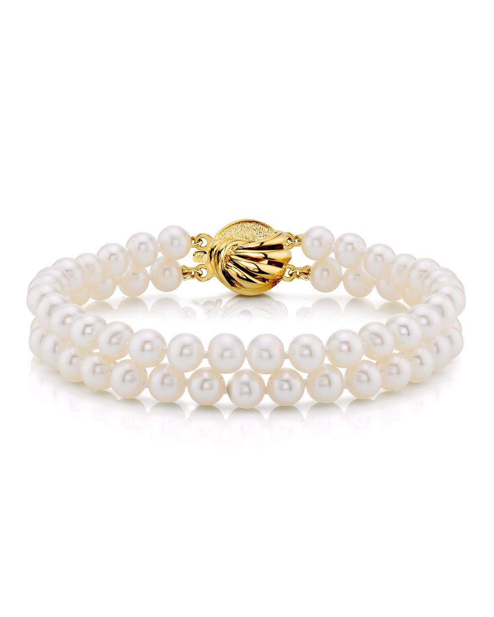 The Pearl Source Yellow Gold Plated 6.0-6.5mm AAAA Quality Round White Freshwater Cultured Pearl Double Strand Bracelet for Women