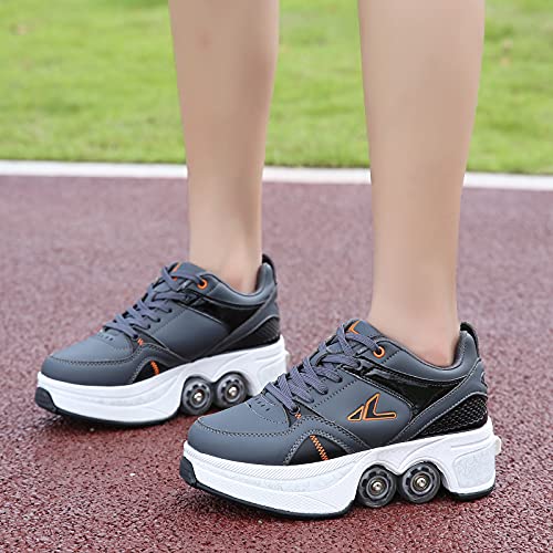 Women's Retractable Roller Skates Outdoor Girls Kick Roller Shoes Men Deformation Sneakers,Light blackr(浅黑色)-EU38/US7