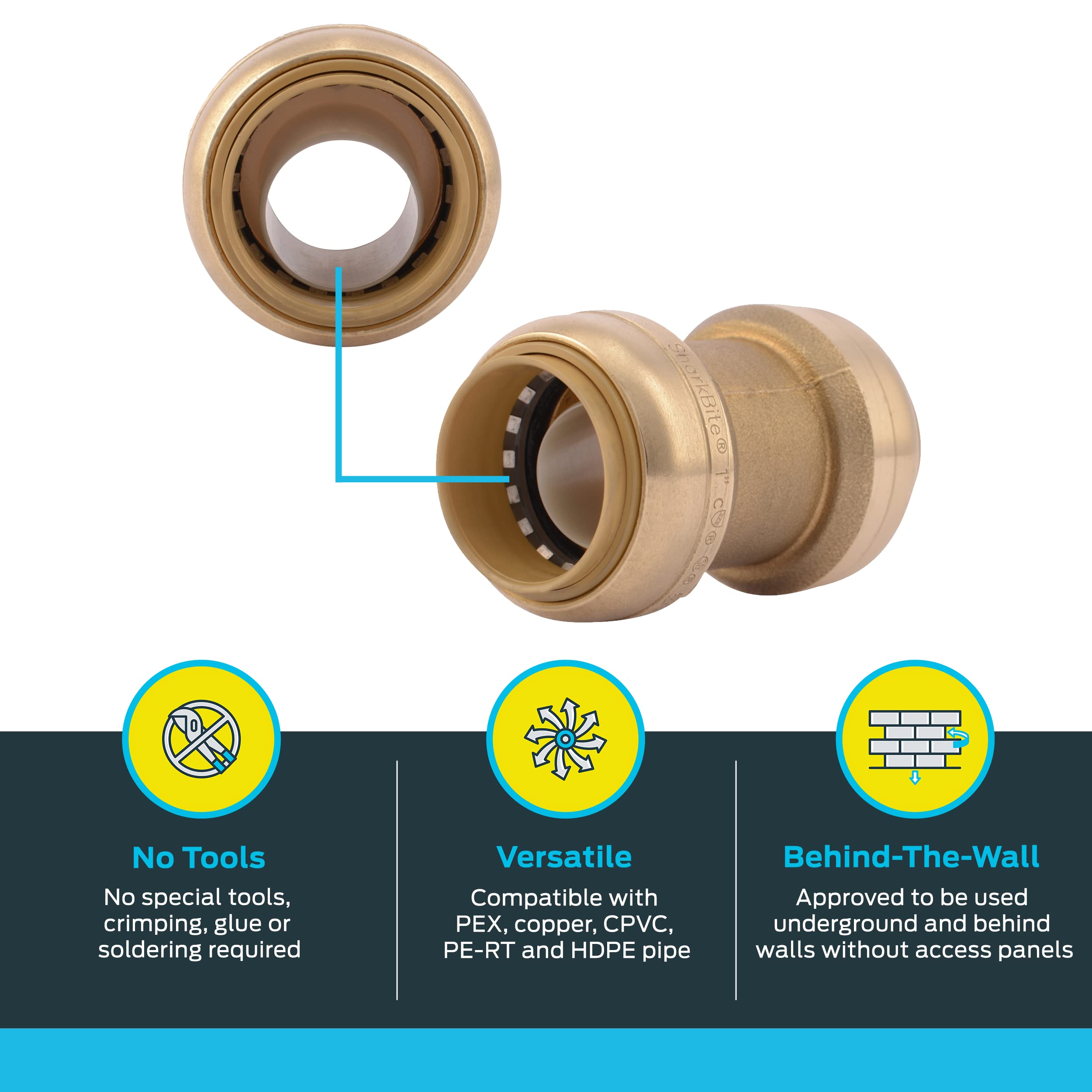 SharkBite 1/2 Inch Coupling, Pack of 10, Push to Connect Brass Plumbing Fitting, PEX Pipe, Copper, CPVC, PE-RT, HDPE, U008LFCP