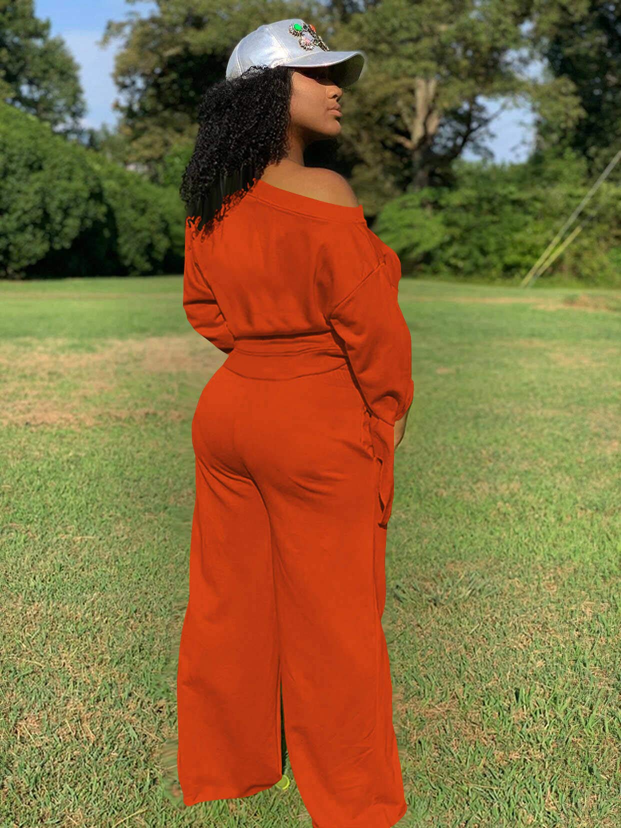 TOPSRANI Women's 2 Piece Outfits Casual Solid Sweatsuits Baggy Long Sleeve Loose Matching Wide Leg Tracksuit Pants Sets Orange L