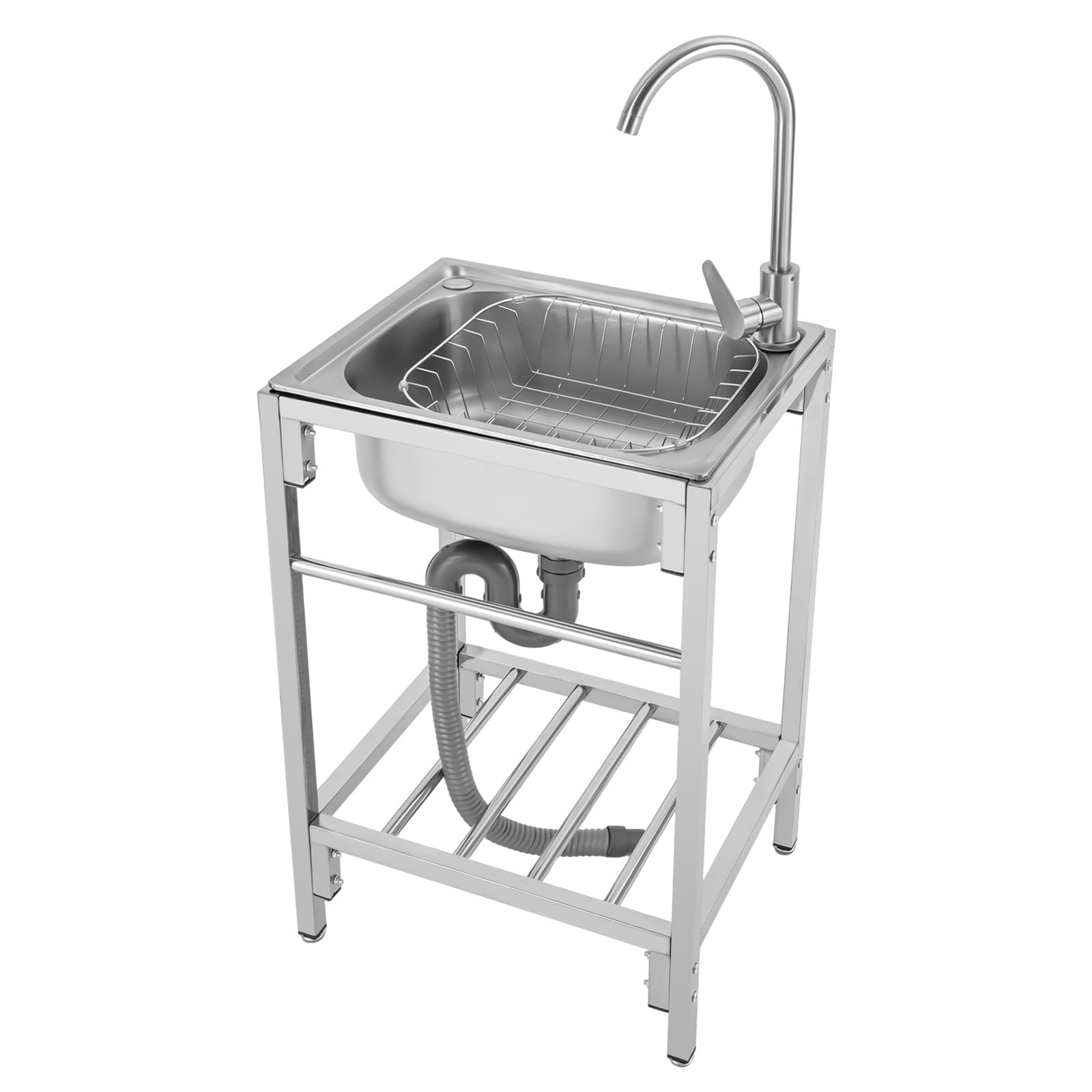 Stainless Steel Utility Sink Single Bowl, Free Standing Kitchen Sink with Faucet, Drain Basket & Storage Shelf for Restaurant Kitchen Garage, 19.6"Lx 15.7"W x 29.5"H