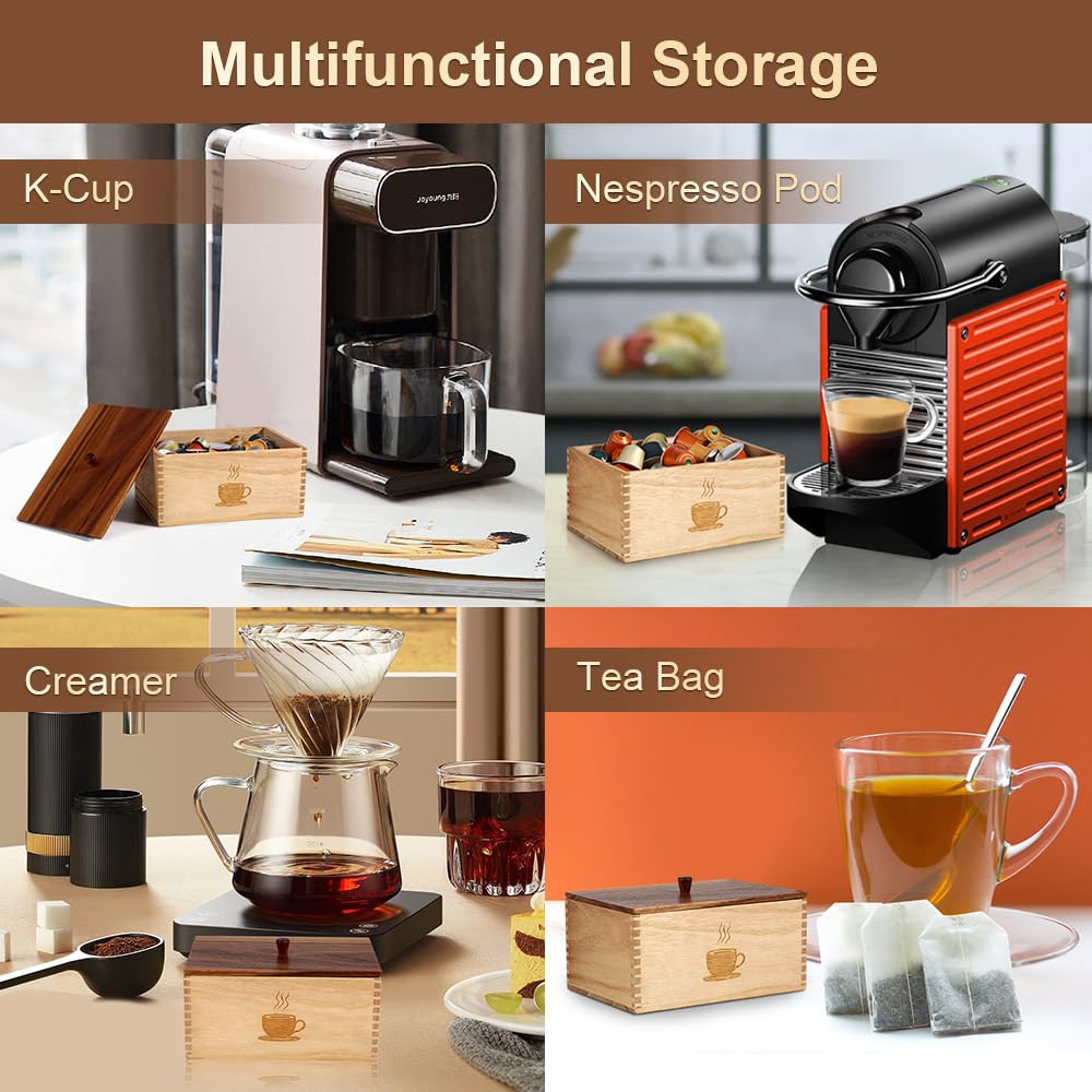 RiLiKar Wood Coffee Pod Holder Storage Box Organizer with Lid Large Capacity Coffee Station Organizer for Countertop Modern Coffee Storage Container Coffee Bar Accessories Organizer (Rectangle)