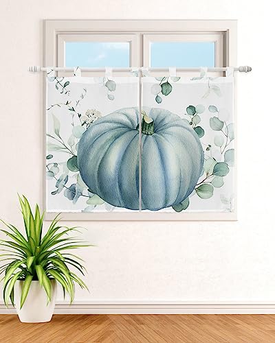 Tab Top Window Curtain,Fall Thanksgiving Blue Pumpkin Eucalyptus Leaves Tier Curtains Panels Kitchen Valance 2 Drapes,Farm Plant White Light Filtering Window Treatment for Bathroom Bedroom Cafe