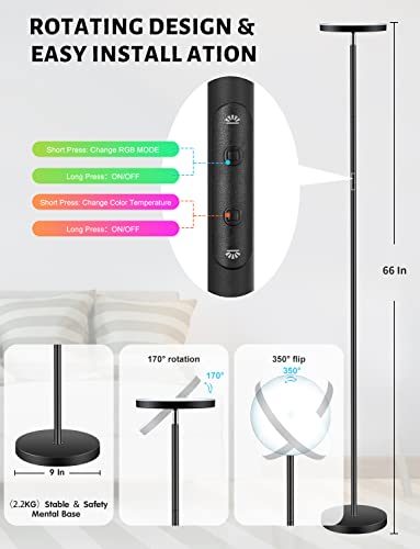 Smart RGB Floor Lamp Works with Alexa Google Home, App Remote & Touch Control, Million Colors Changing & Dimmable, Music Sync Timmer Angle Adjustable Modern Tall Standing Lamp for living room, bedroom