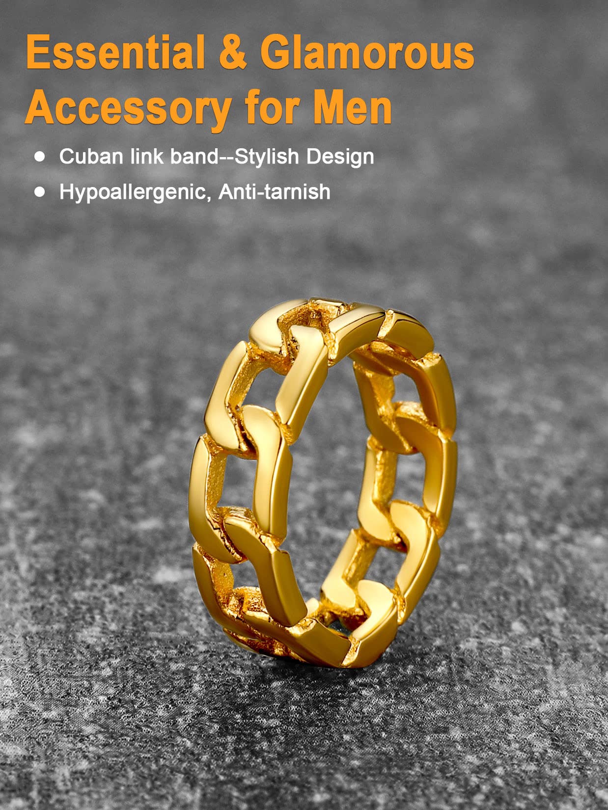 U7 Men Women 18K Gold Plated 7mm Wide Band Cuban Link Chain Ring, Size 7