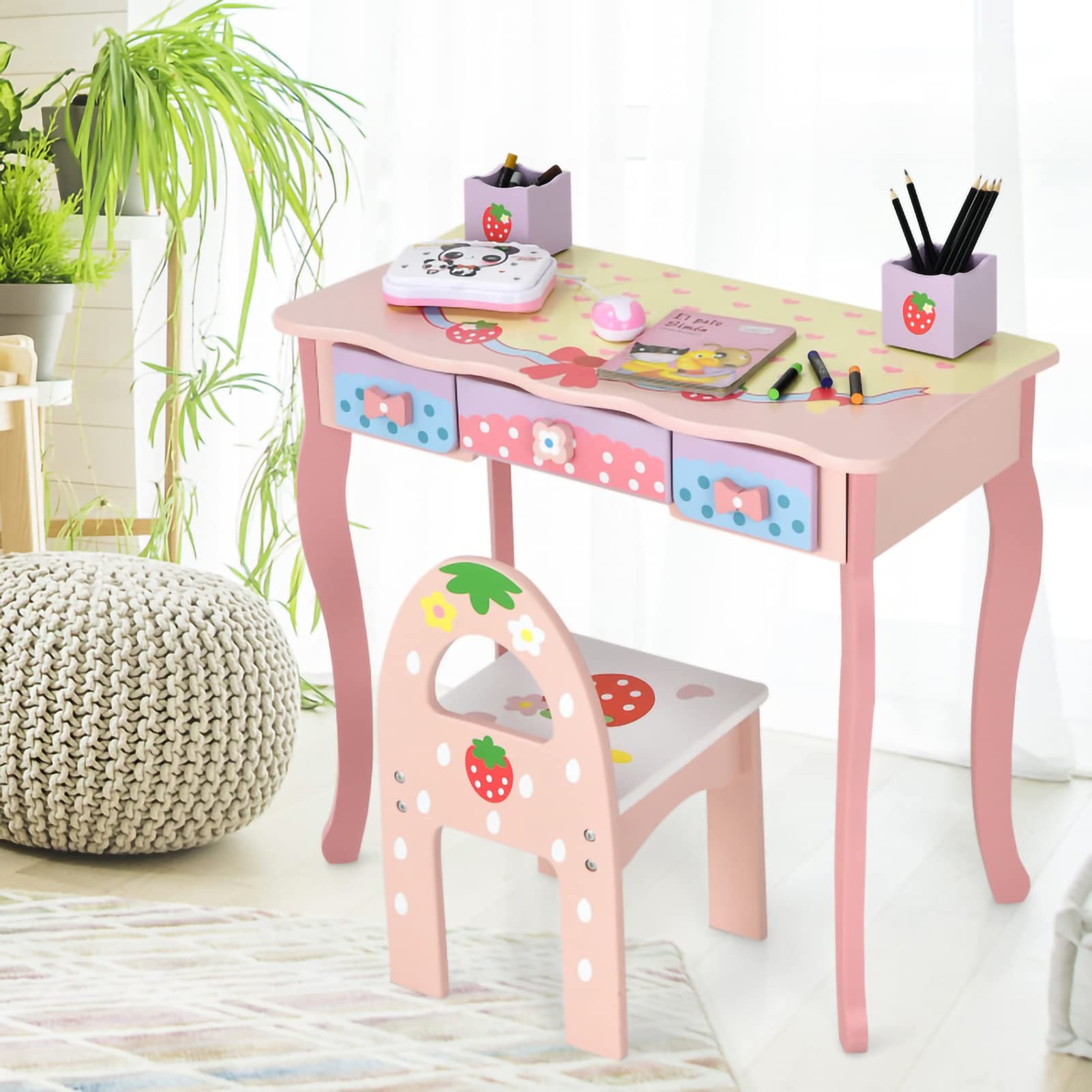 TUOCHUFUN Kids Vanity Princess Makeup Dressing Table Chair Set with Tri-fold Mirror (Pink)