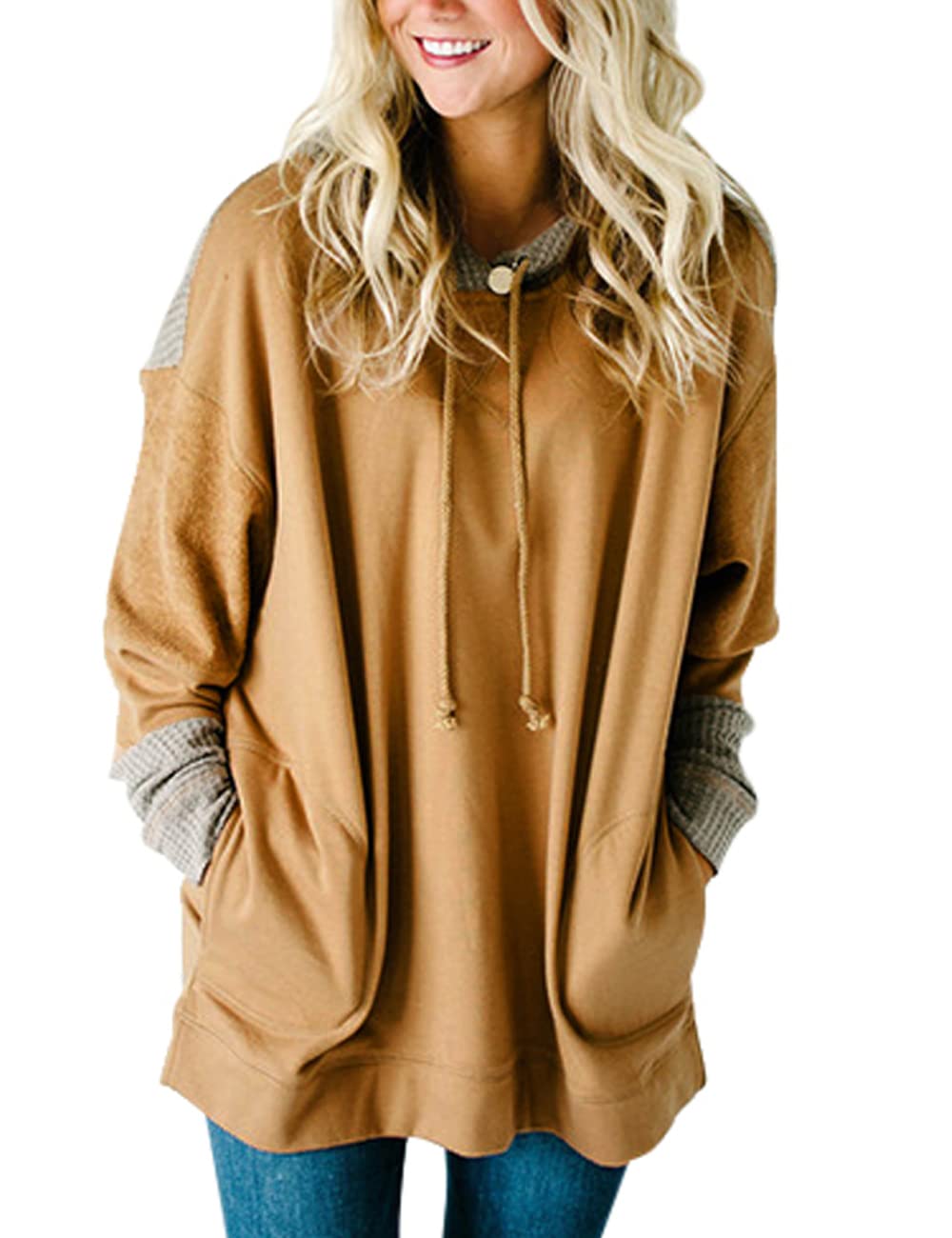 SEBOWEL Womens Oversized Color Block Long Sleeve Tunic Hoodies Tops Sweatshirt Fall Tunic Tops for Leggings Khaki L
