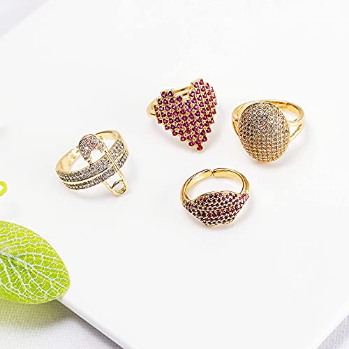 Winssigma Gold Cubic Zirconia Ring for Women, Bella Ring Fushia Heart Diamond Ring Lip Ring Paper Clip Ring for Women