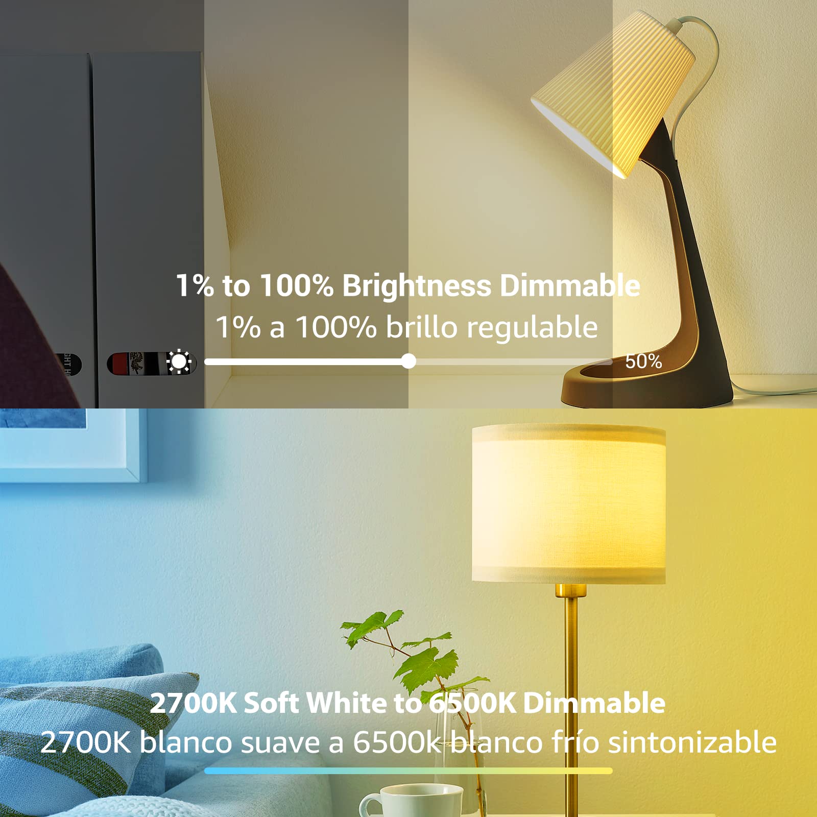 Torkase Smart Light Bulbs Work with Alexa and Google Home -No Hub Required, WiFi LED Bulb 2700K Warm White to 6500K Daylight Dimmable, 10W WiFi Light Bulb, APP Remote Control, 2.4Ghz Only, 4 Pack