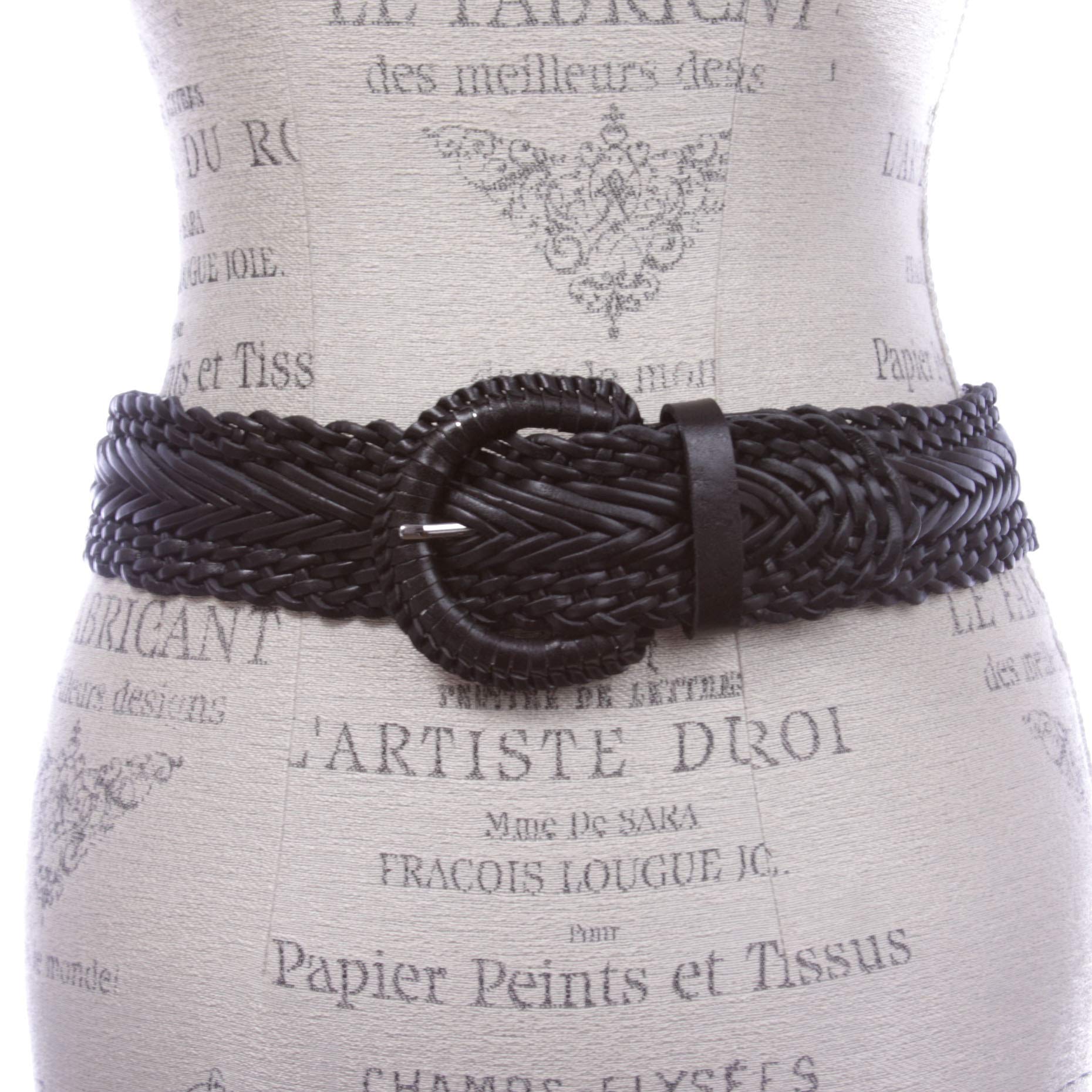 Women's 2" Wide Braided Woven Round Leather Belt, Navy | L/XL - 40"