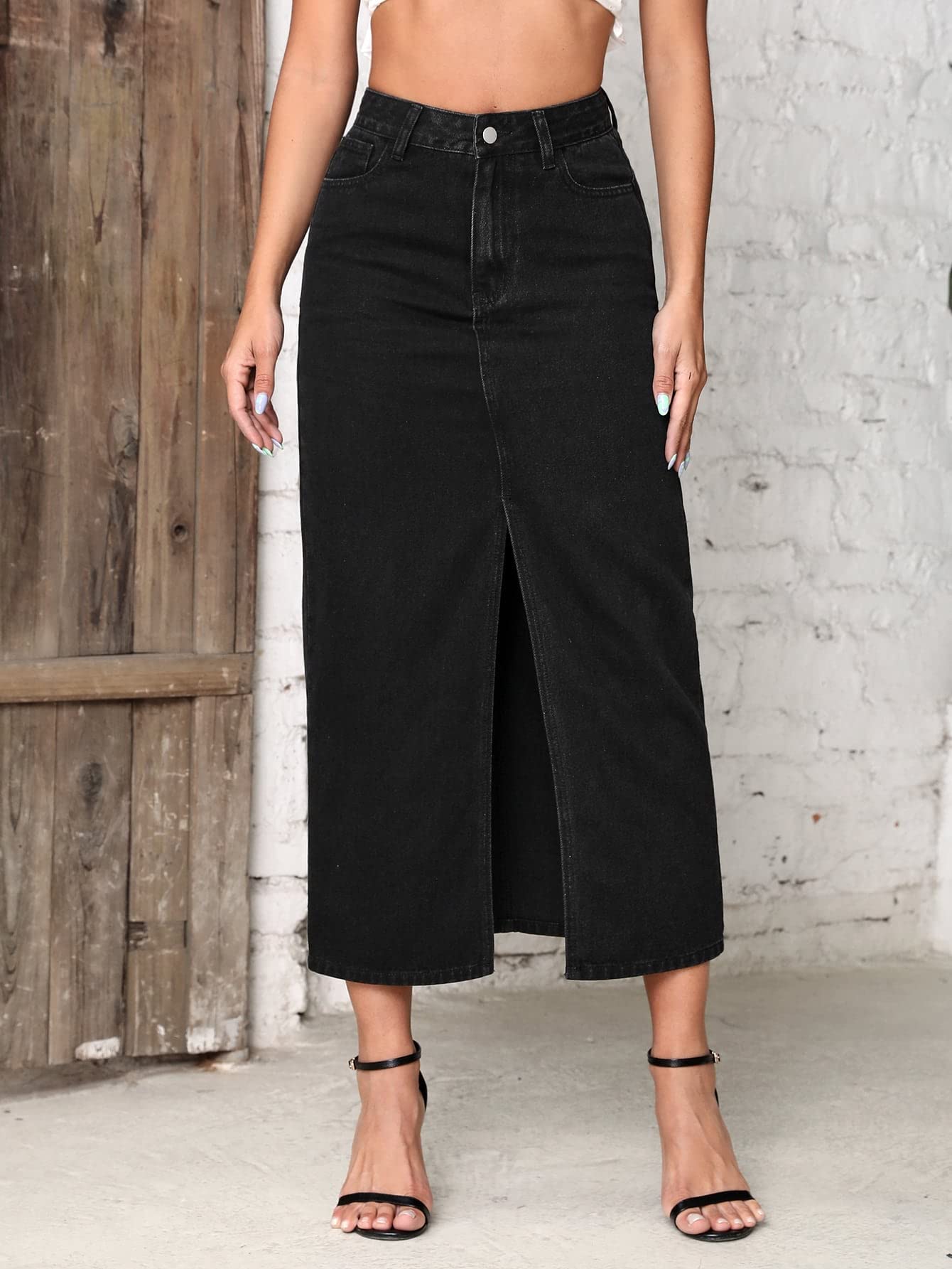 SweatyRocks Women's Casual High Waist Denim Skirt Split Hem Raw Trim Midi Jean Skirts Black L