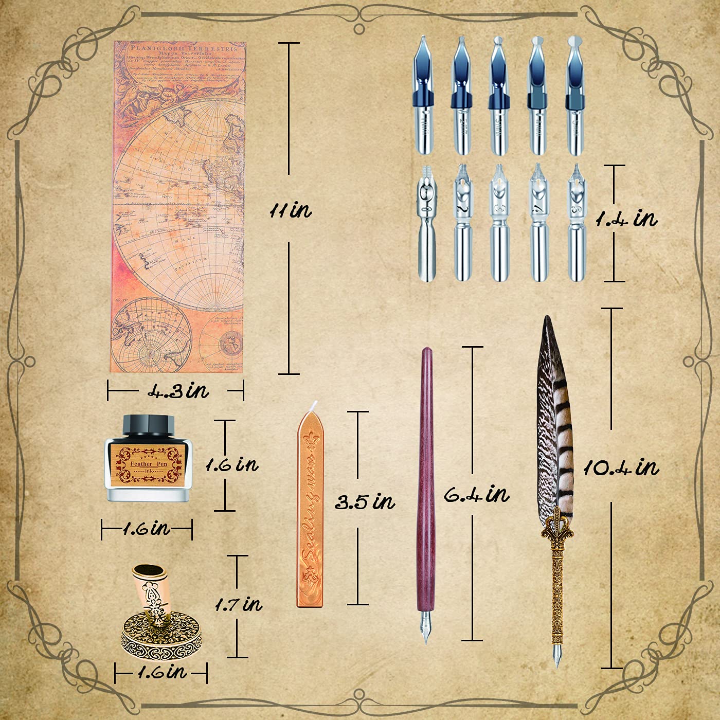 YICMY Quill Pen Pheasant Feather Pen And Ink Set Feather Pen With 10 Replacement Nibs and Ink Antique Calligraphy Pen Set Quill Dip Pen Retro Calligraphy Gift(Pheasant)