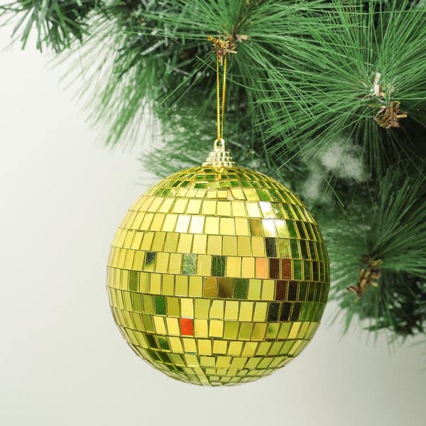 TABLECLOTHSFACTORY 4 Pcs 4" Gold Glass Mirror Disco Ball with Hanging String Christmas Ornaments