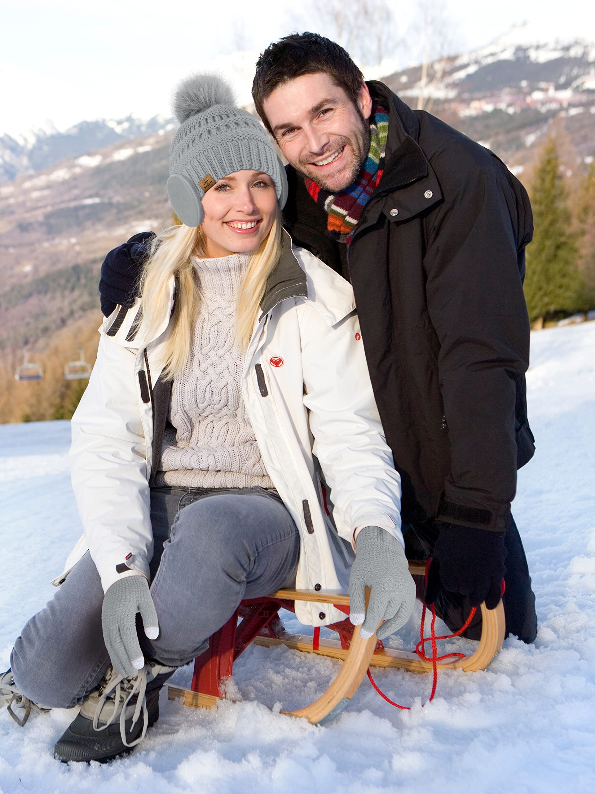 URATOT Beanie Hat Scarf Gloves 4 in 1 Winter Set Knitted Scarf Hat Touch Screen Gloves and Winter Ear Warmer for Unisex