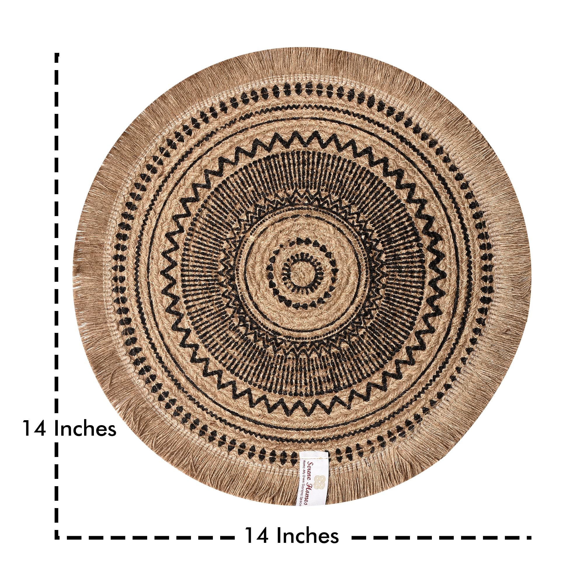 SereneHomes Black Mandala Print Natural Jute placemat Round 14-inch Table Placemats with Fringes - Set of 4, Boho Chic Dining Table Decor Heat-Resistant Dining Table Decor Surface Protector