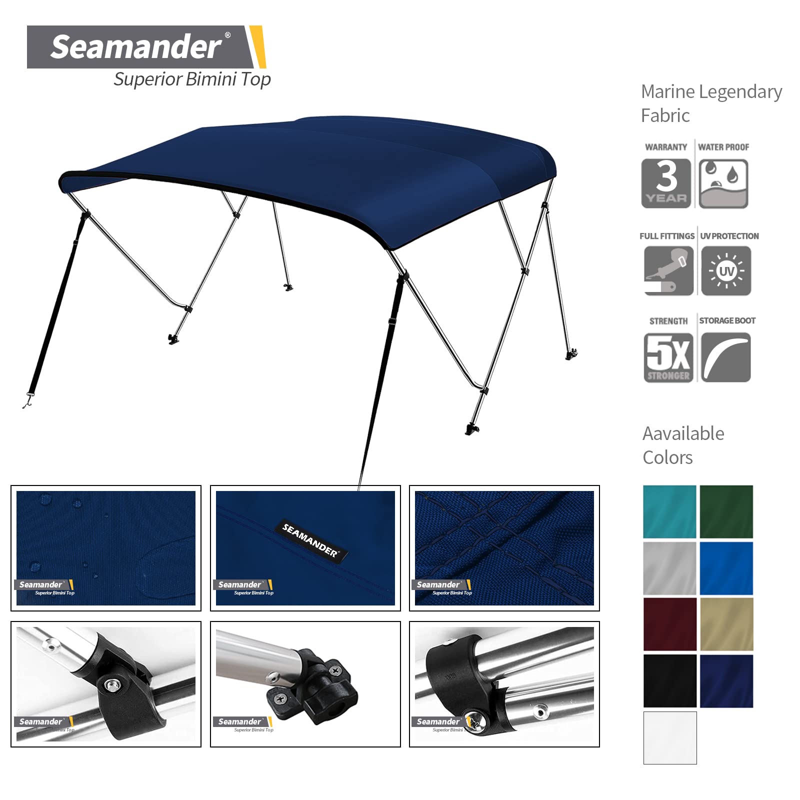 Seamander Bimini Top for Boats,3-4 Bow 13 Different Size Bimini Top,includes Bimini Top Hardwares and Boot Cover,3 Bow 6ft Length 79in - 84in Width 46in Height
