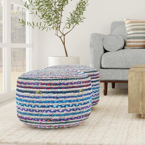 SIMPLIHOME Margo 20 Inch Wide Boho Round Pouf in Blue Braided Jute, for The Living Room, Bedroom and Kids Room