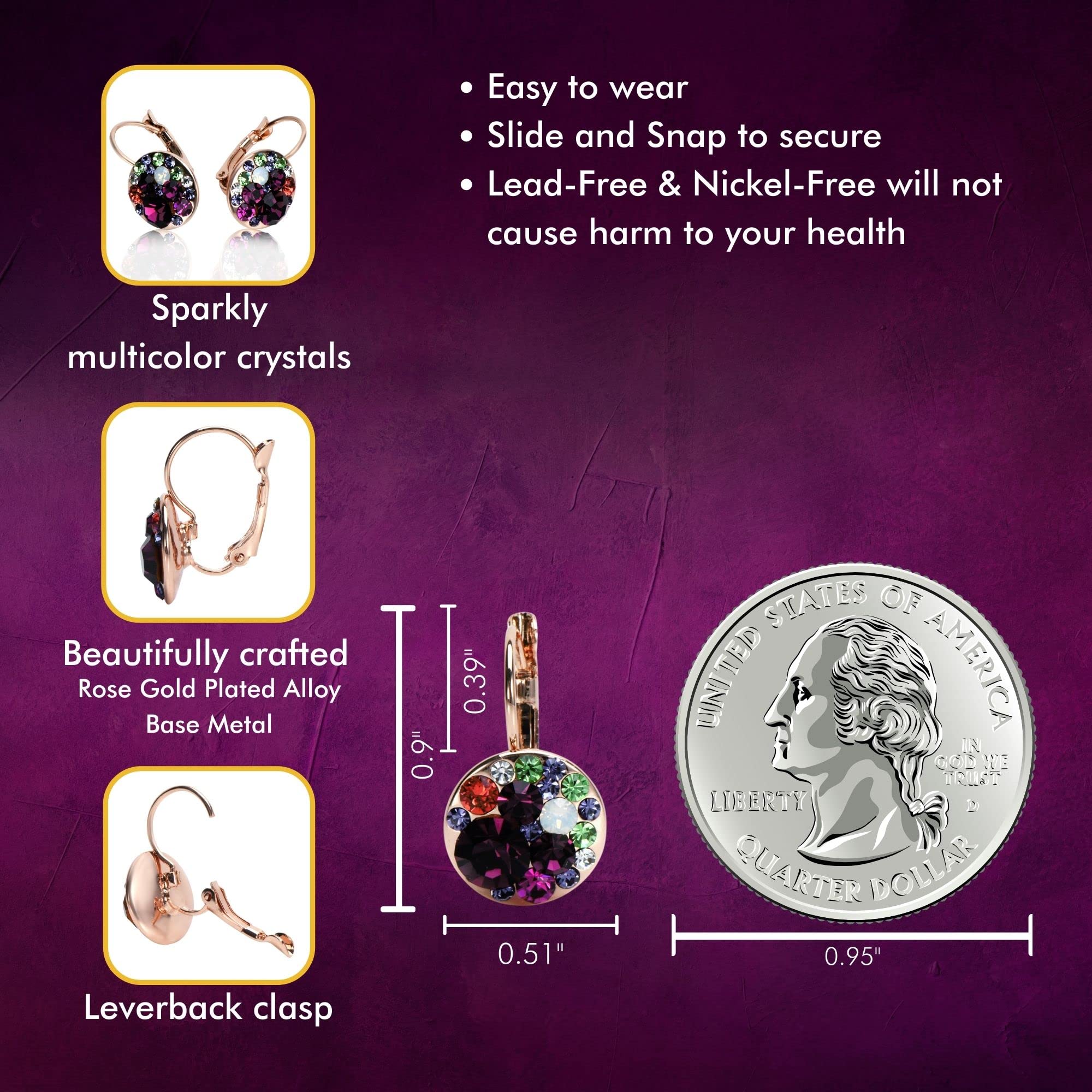 UPSERA Leverback Earrings for Women β Elegant Austrian Crystal Earrings β Colorful Dangle Hoop Earrings with Rose Gold Plated Base β Premium Materials β Beautiful Craftsmanship, Purple Crystal