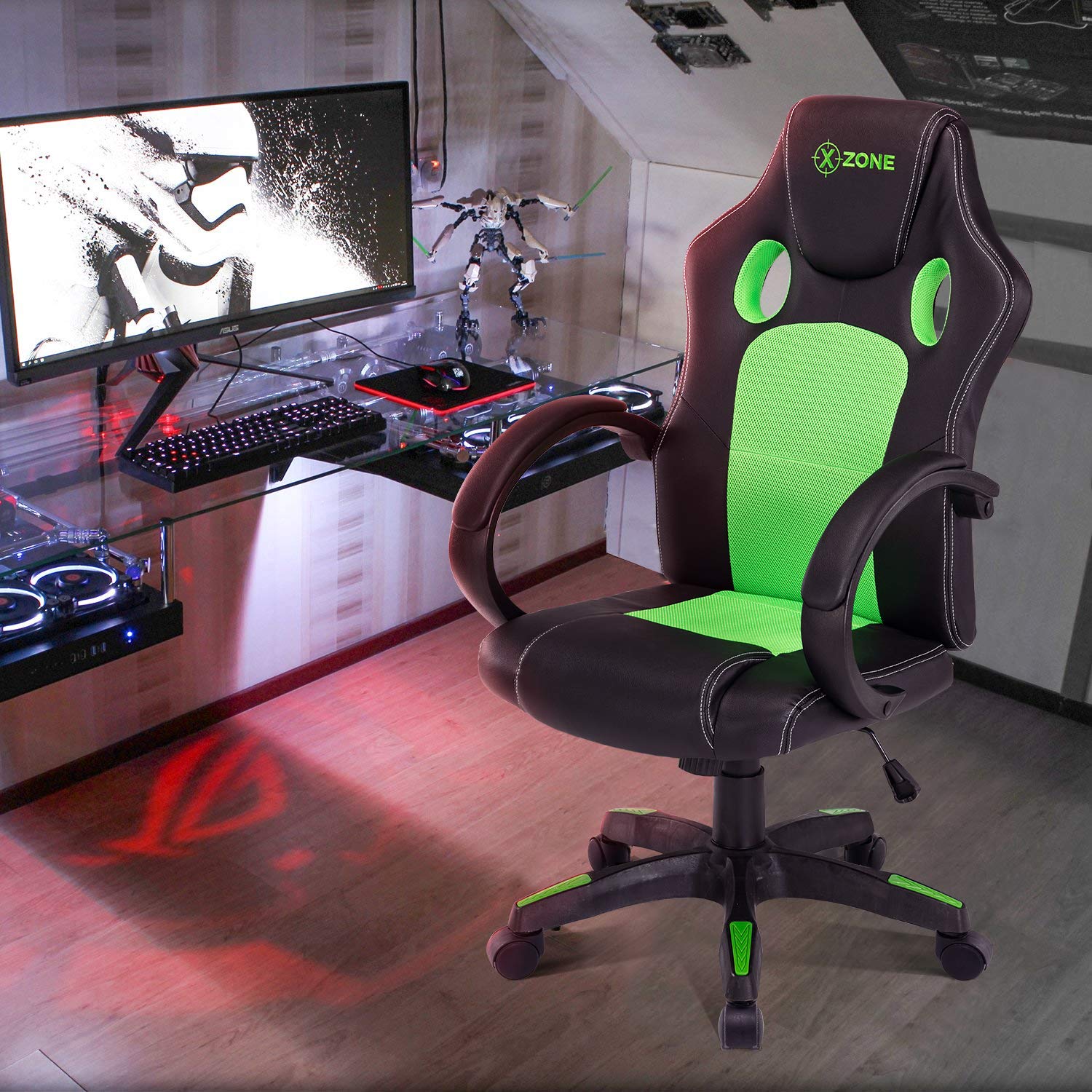 Seatingplus Video Gaming Chair, High Back Adjustable Racing Style Computer Office Chair, Bonded Leather Mesh Desk Chair with Height Adjustment and Padded Armrests (Green)